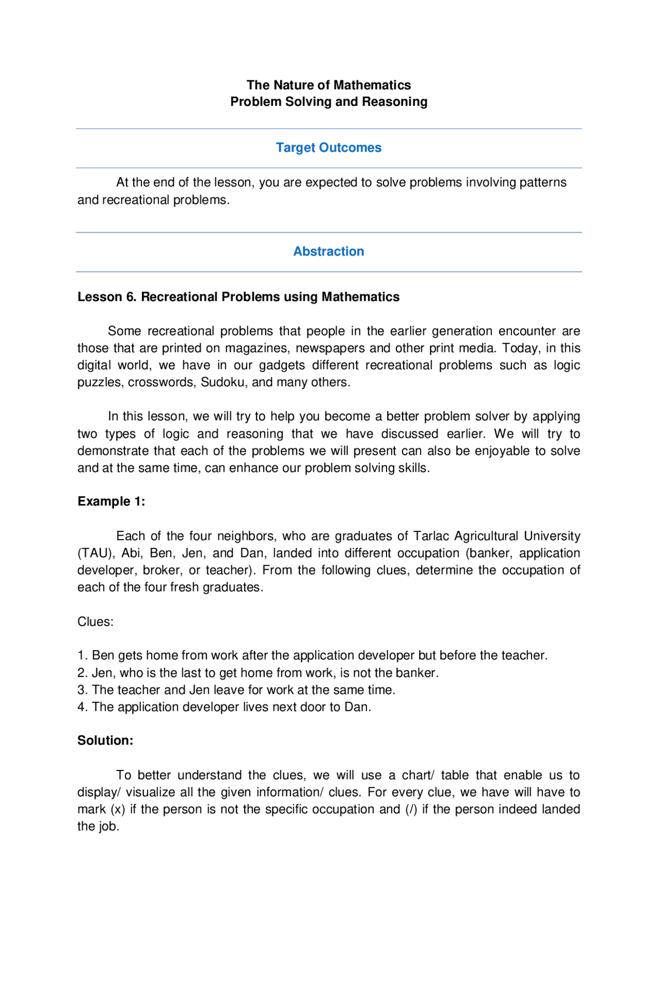 Recreational Problems using Mathematics - Docsity