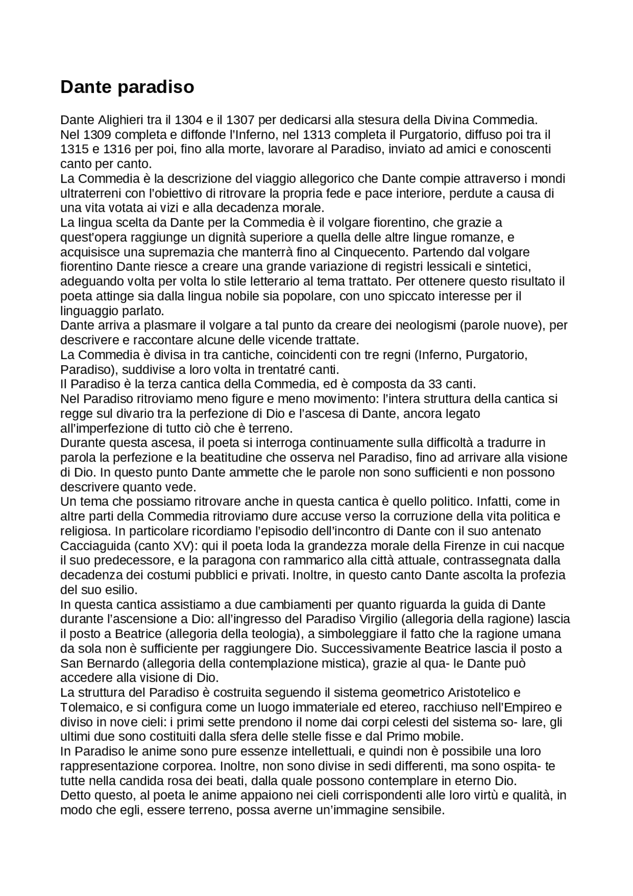 Appunti Sul Paradiso Di Dante Docsity