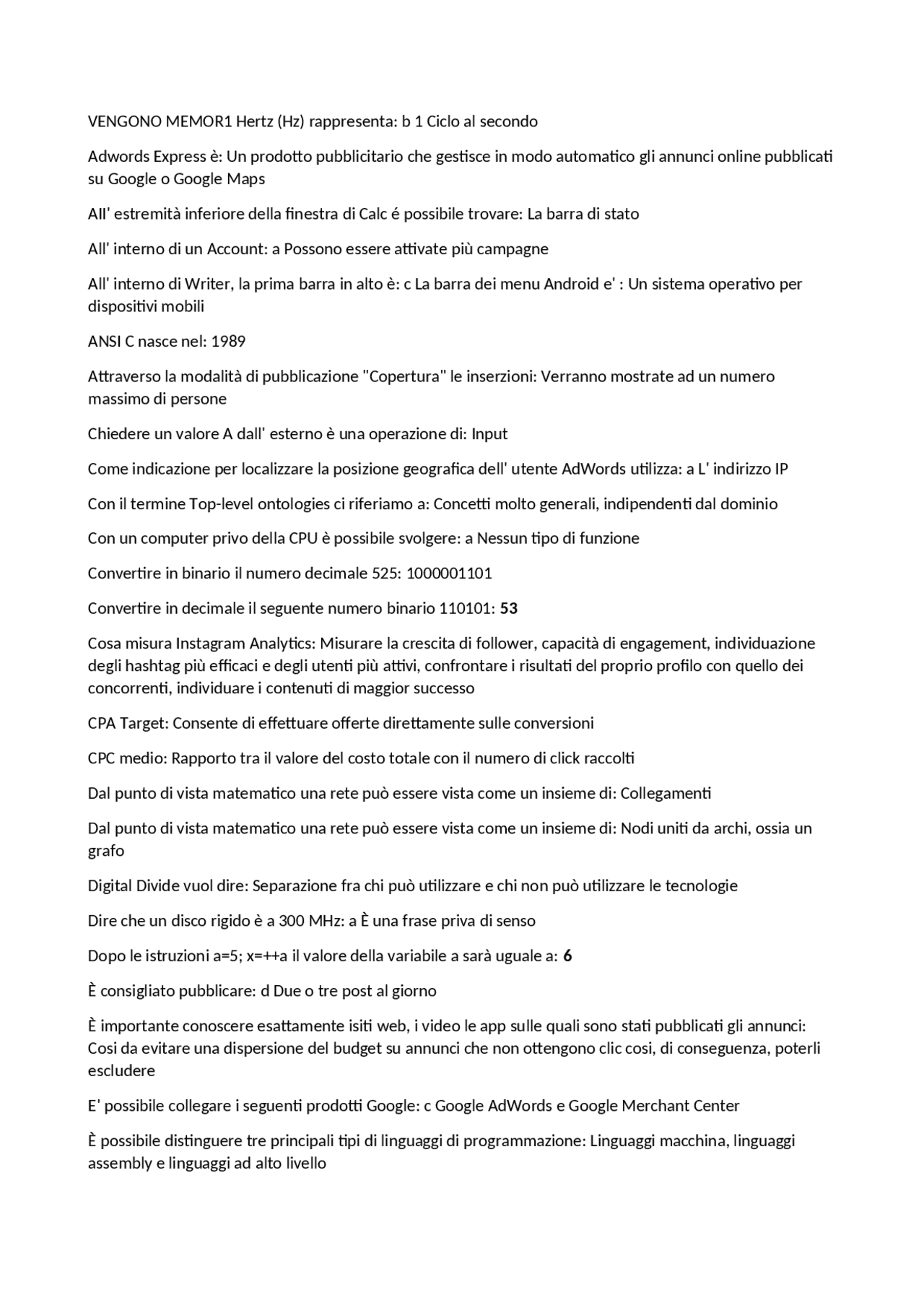 Test Di Informatica Di Base Docsity