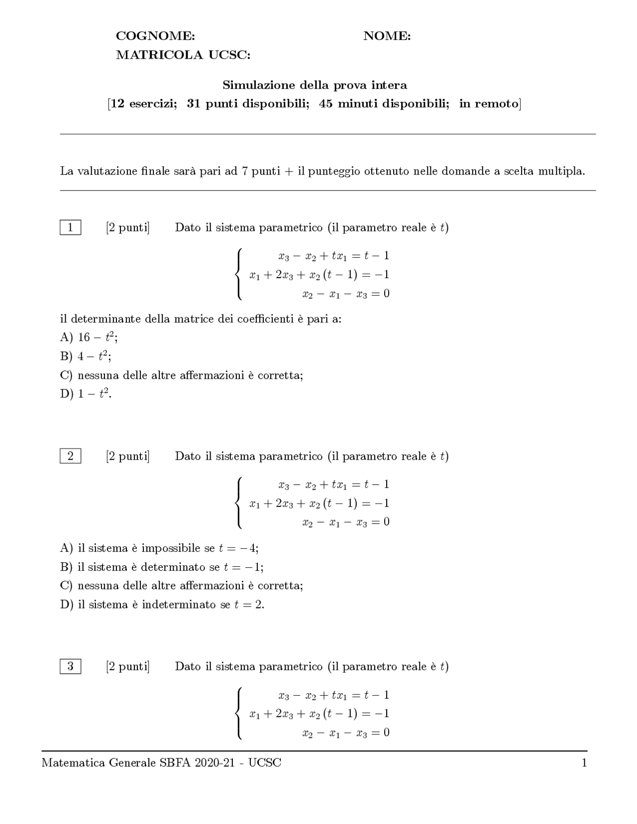 Matematica Generale Prova Docsity