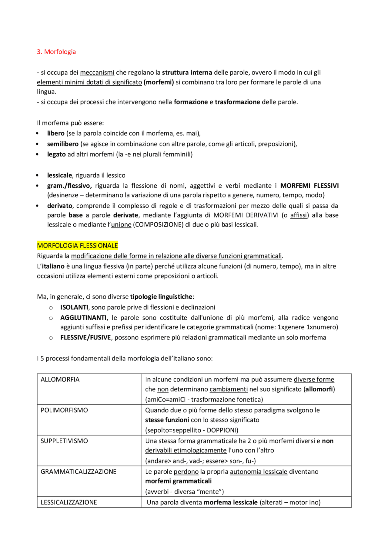 Cap3 Morfologia e Sintassi de “L’italiano: strutture, usi e varietà” - Docsity
