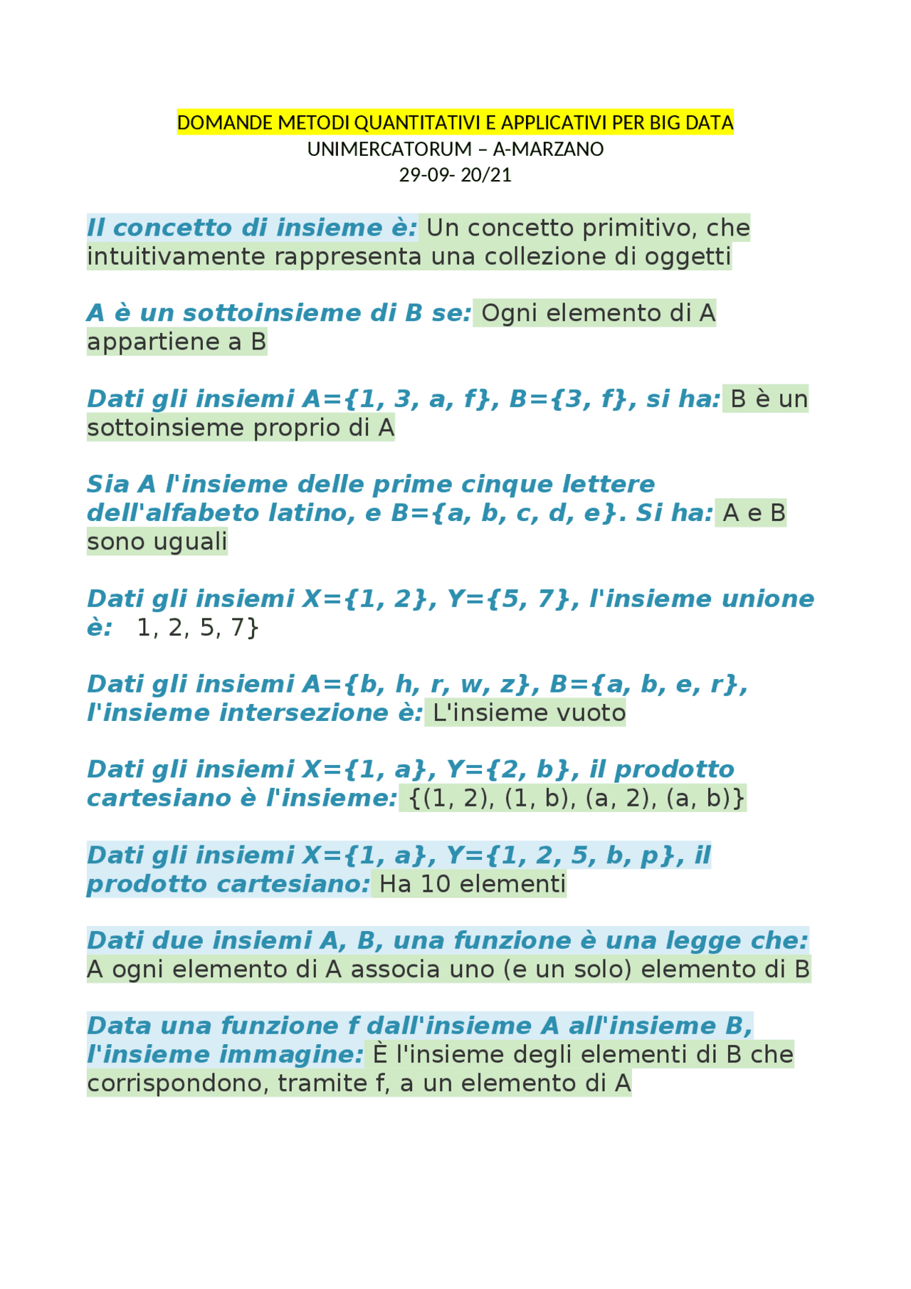 Metodi Quantitativi E Applicativi Per I Big Data Tutte Le Domande E