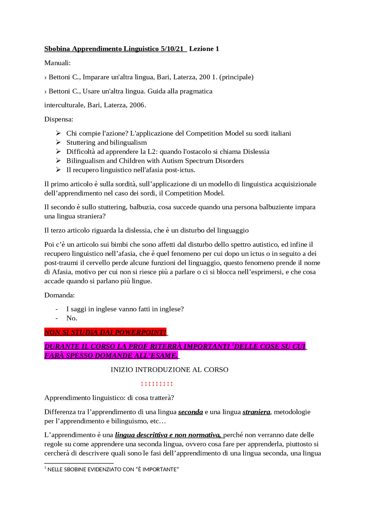 Sbobina Apprendimento Linguistico Docsity