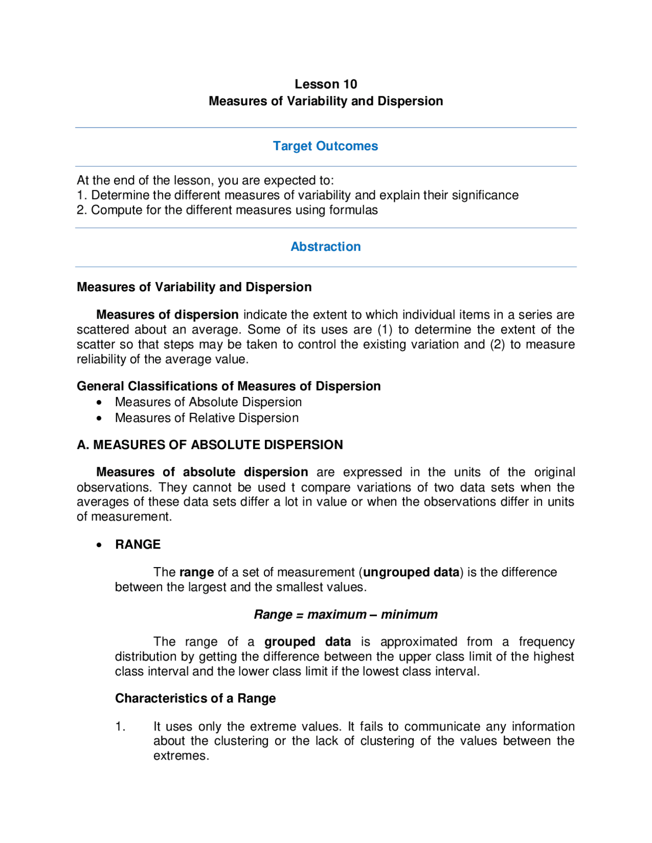 Measures Of Variability And Dispersion Docsity
