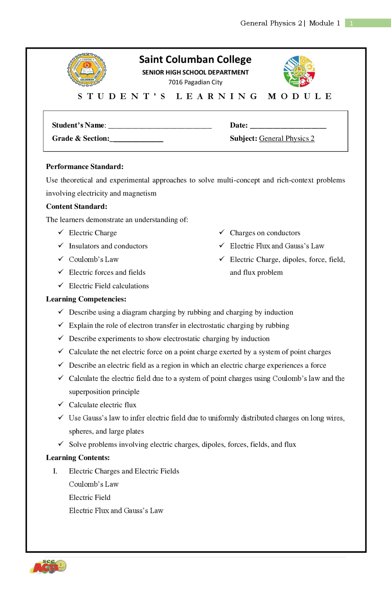 General Physics 2 2nd Semester Module 1 Lecture Notes Physics Docsity