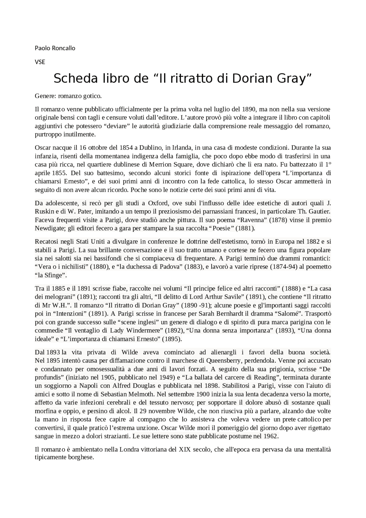 Scheda Libro Il Ritratto Di Dorian Gray Docsity