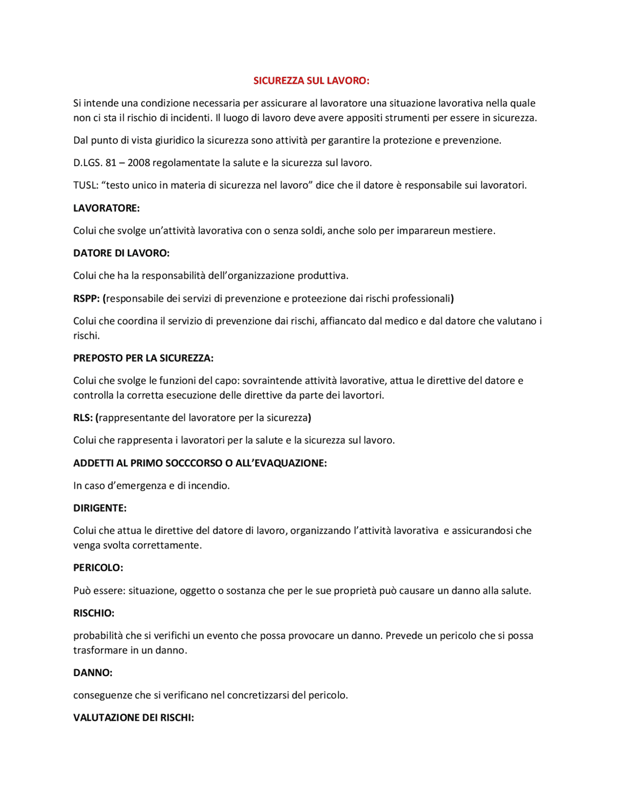 Sicurezza sul lavoro e rischi - Docsity