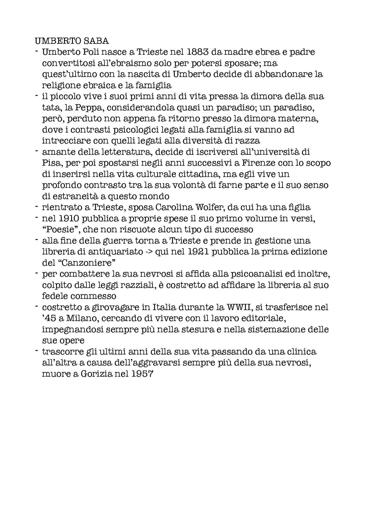 Riassunto Dettagliato Della Vita Di Umberto Saba Docsity