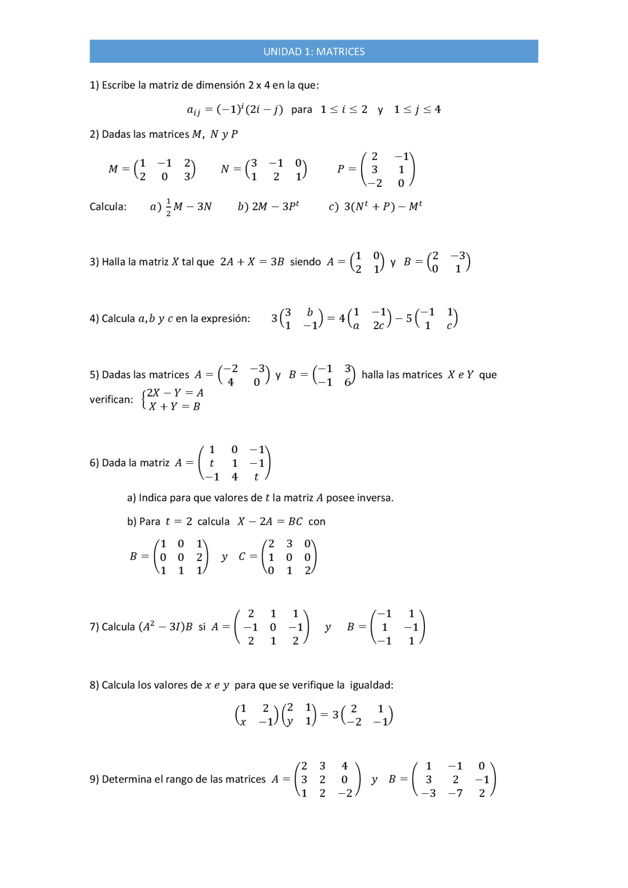 Ejercicios De Matrices Docsity