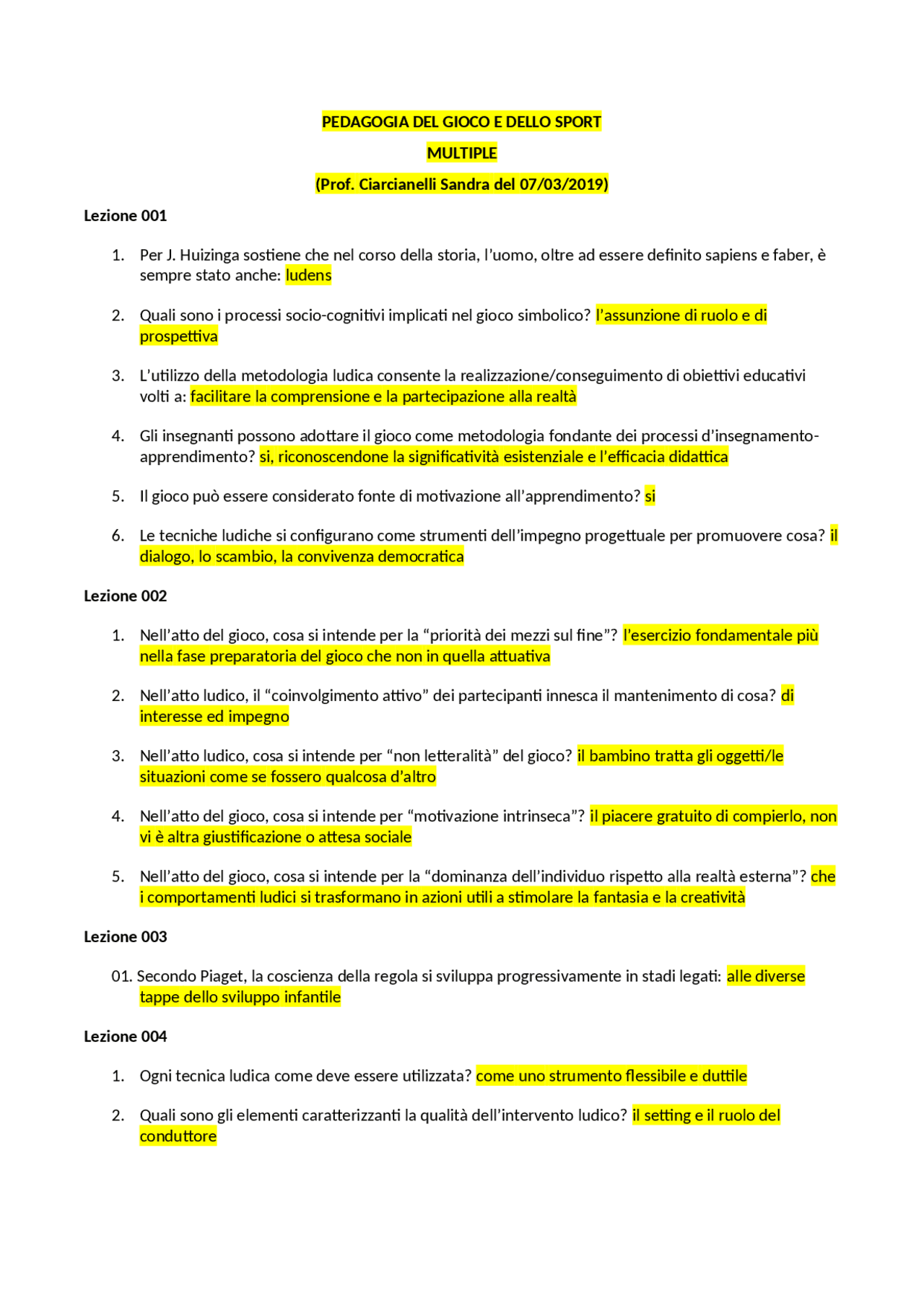 Pedagogia Del Gioco E Dello Sport Multiple Docsity