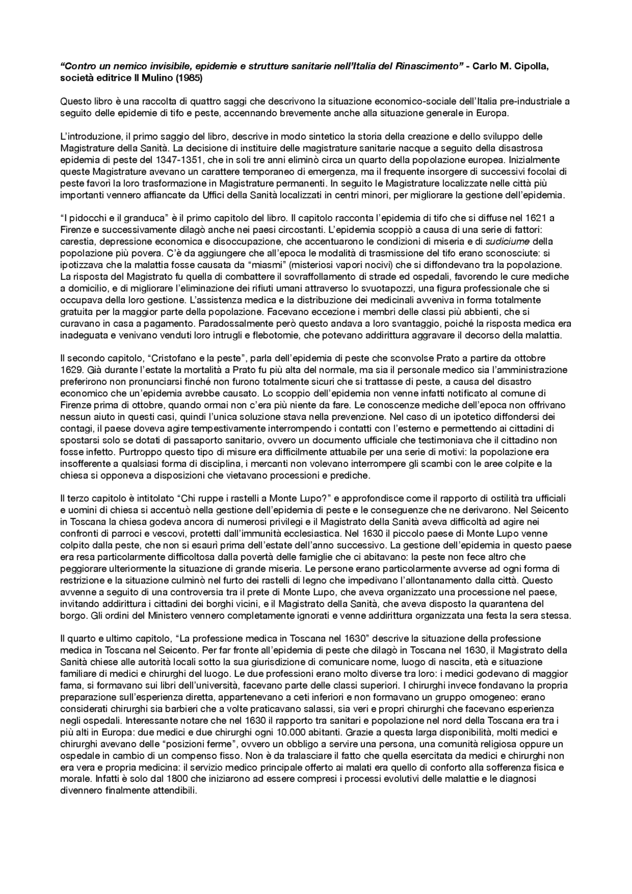 Sintesi Contro Un Nemico Invisibile Di Carlo Cipolla Docsity