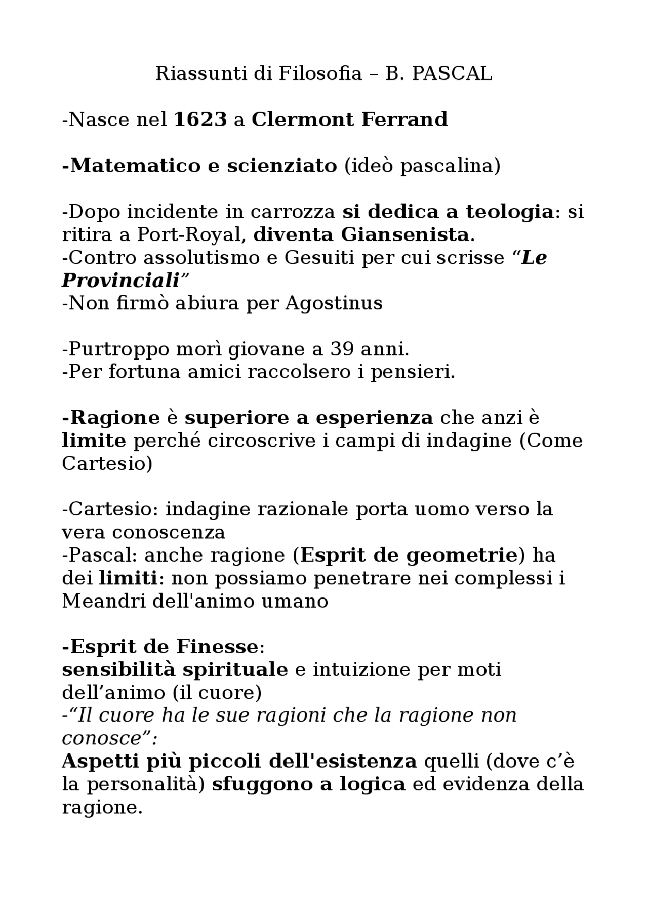 Riassunti Di Filosofia B Pascal Docsity