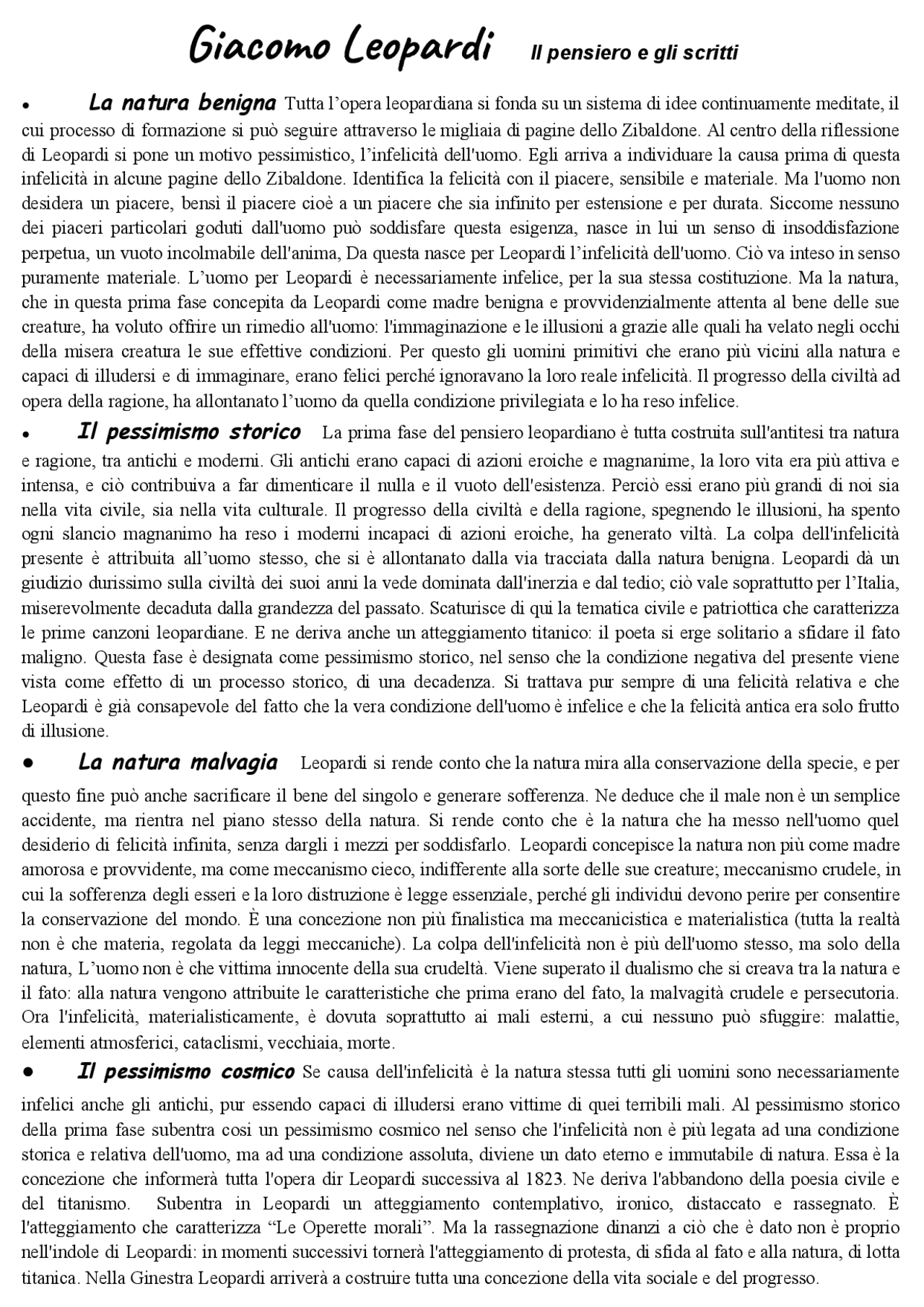 Giacomo Leopardi: Il pensiero e gli scritti - Docsity