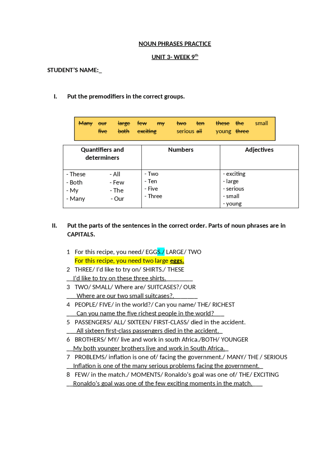 Noun phrases exercises - Docsity