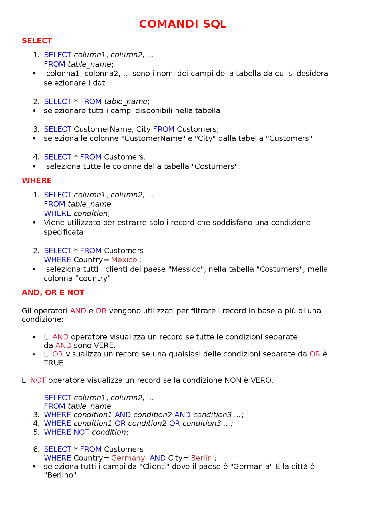 Comandi per il linguaggio SQL - Docsity
