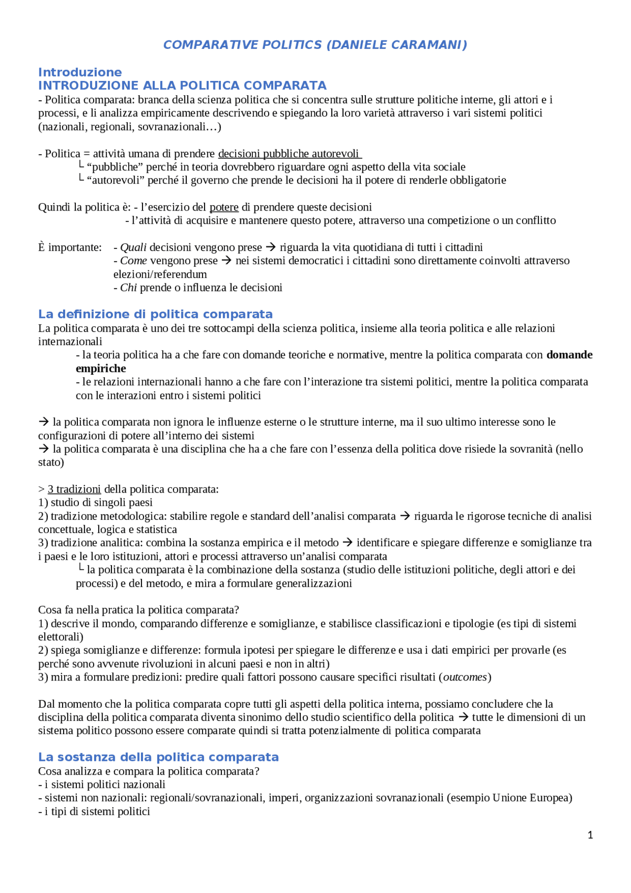 Riassunto Comparative Politics Docsity
