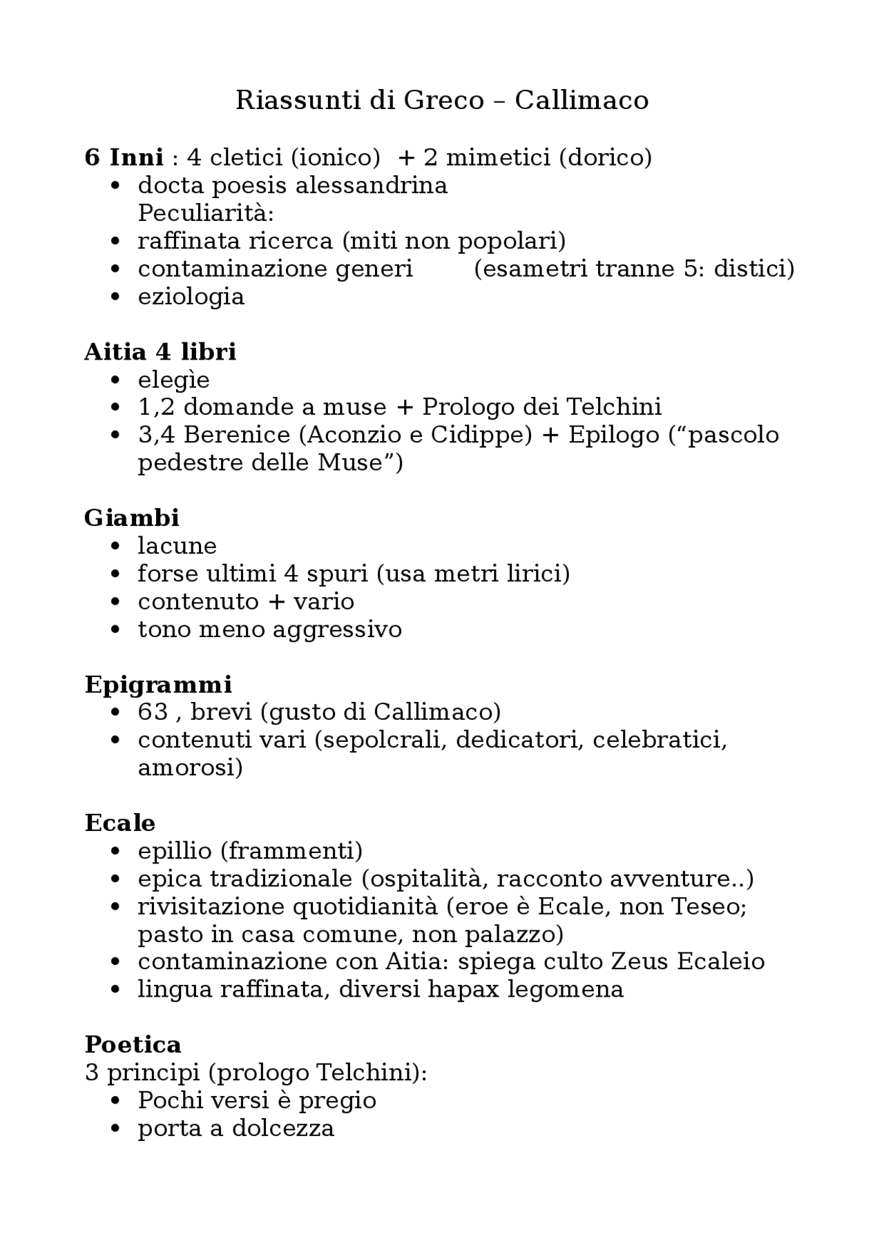 Riassunti Di Greco Callimaco Docsity
