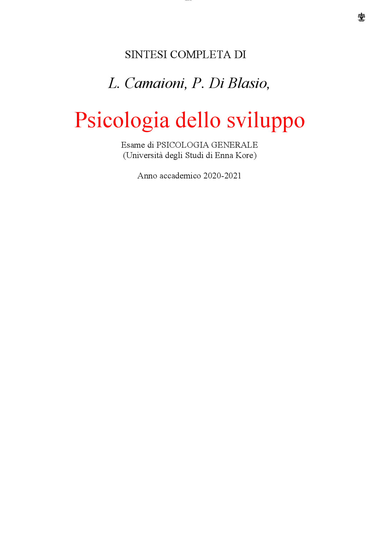 L Camaioni P Di Blasio Psicologia Dello Sviluppo Docsity
