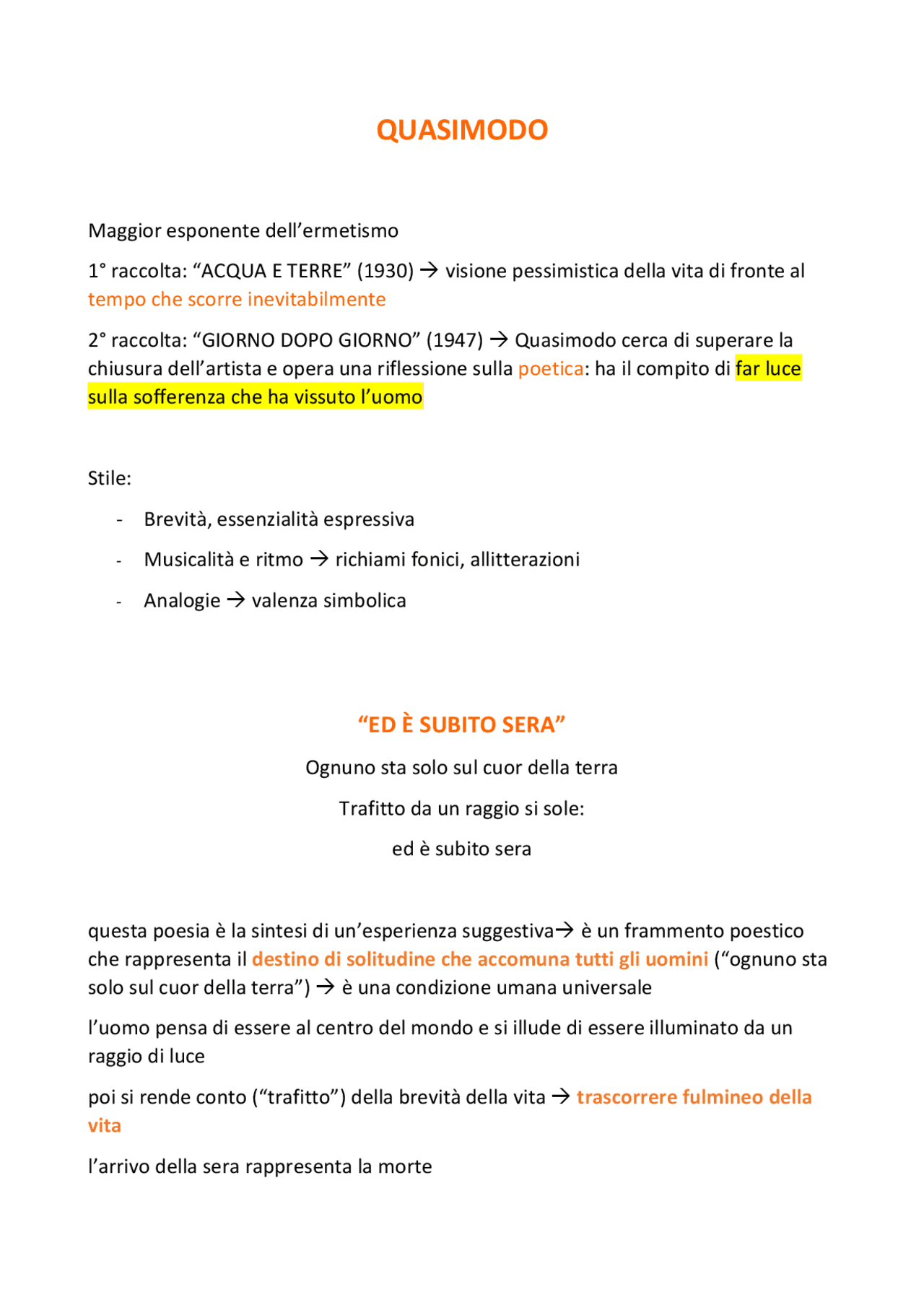 Quasimodo Vita E Opere Docsity