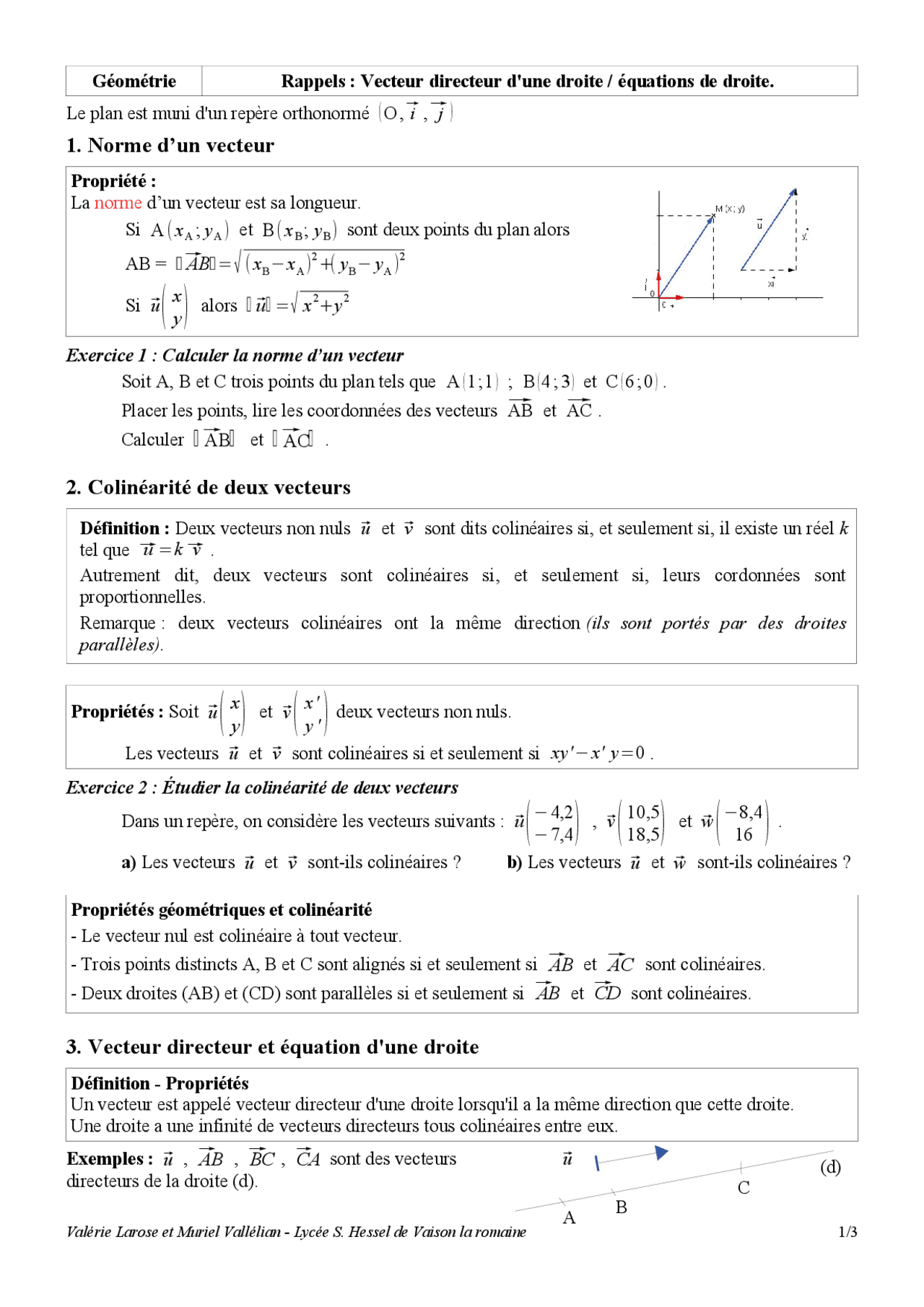 Vecteur directeur d'une droite / équations de droite | Notes ...