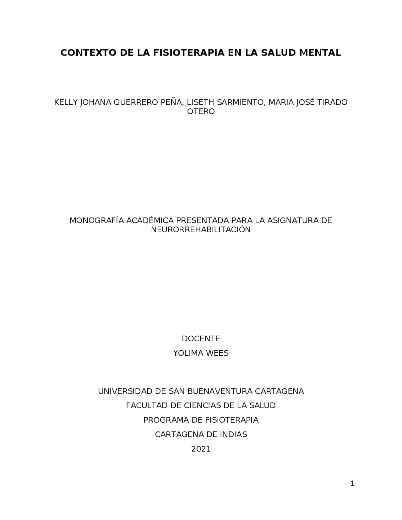 Fisioterapia En Salud Mental Docsity