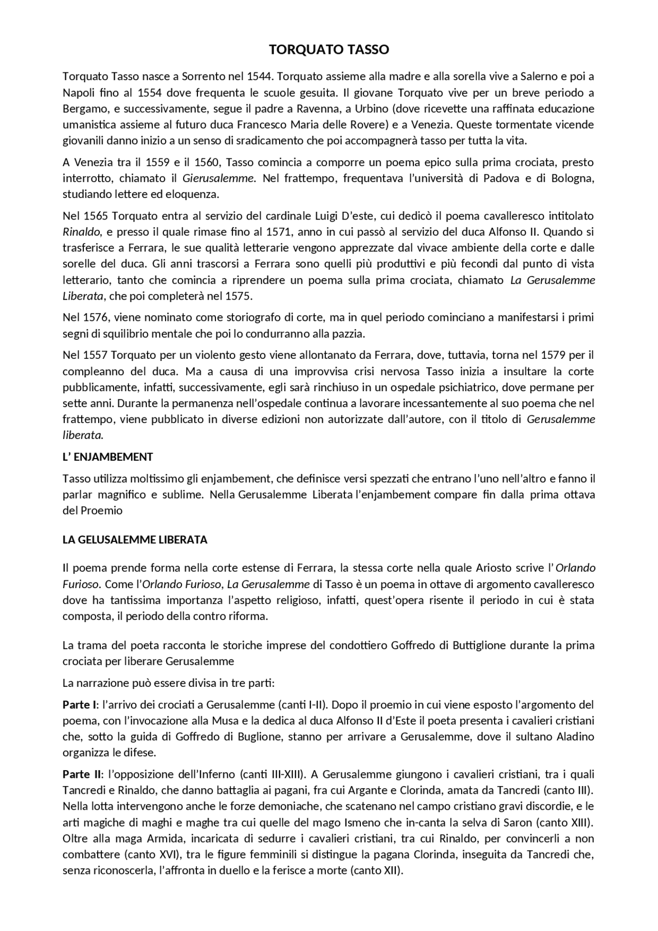Tasso E La Gerusalemme Liberata Confronto Tasso E Ariosto Docsity