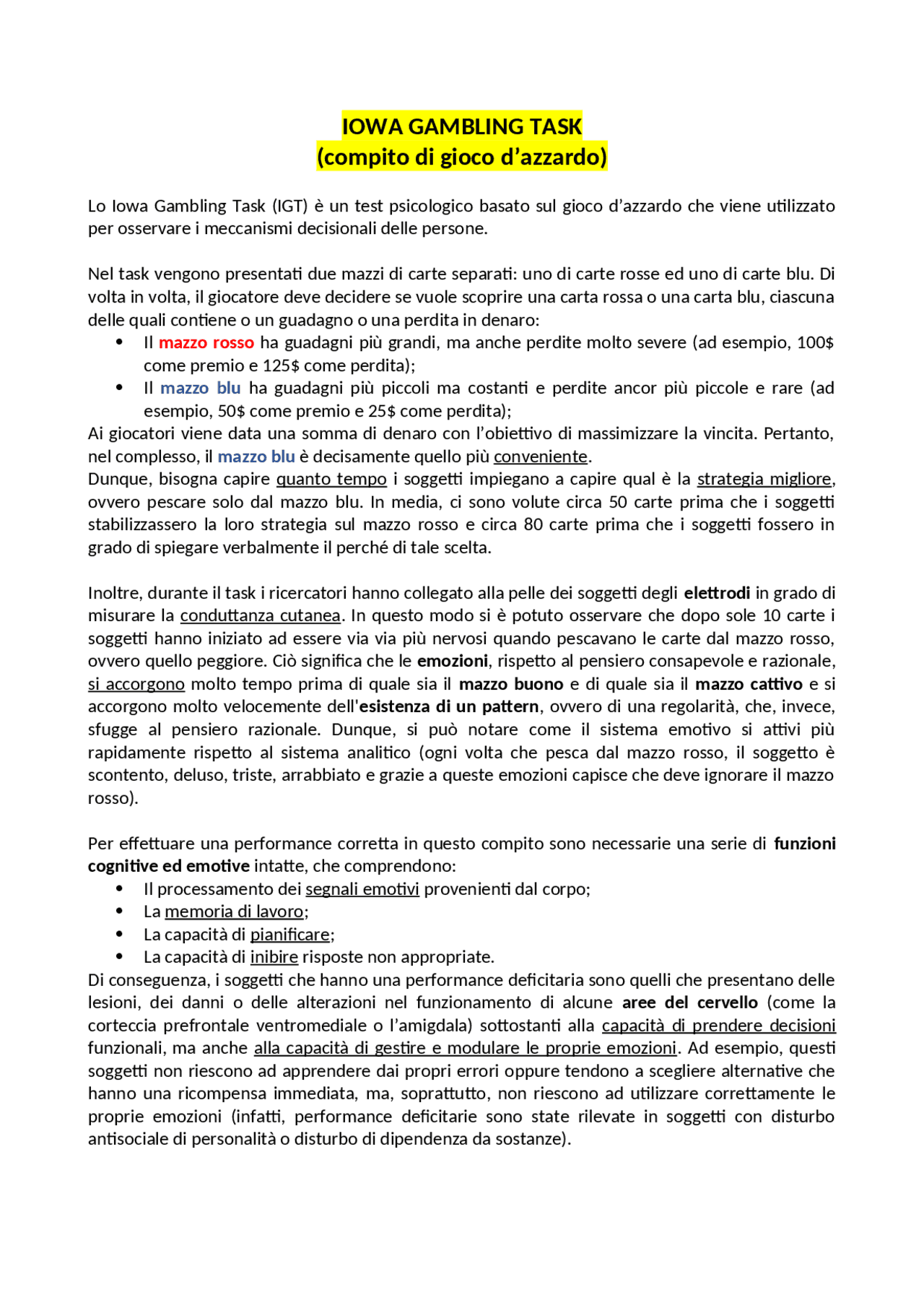 Appunti sullo IOWA GAMBLING TASK - Docsity