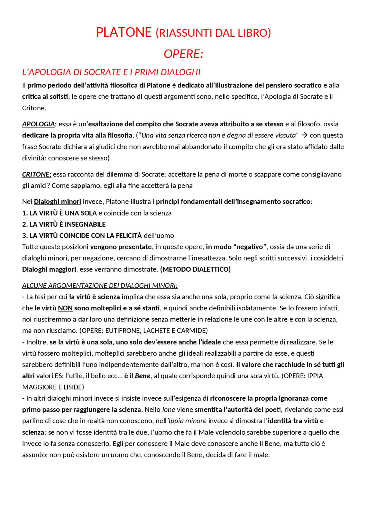 Platone Riassunto Del Libro I Nodi Del Pensiero Volume I Docsity