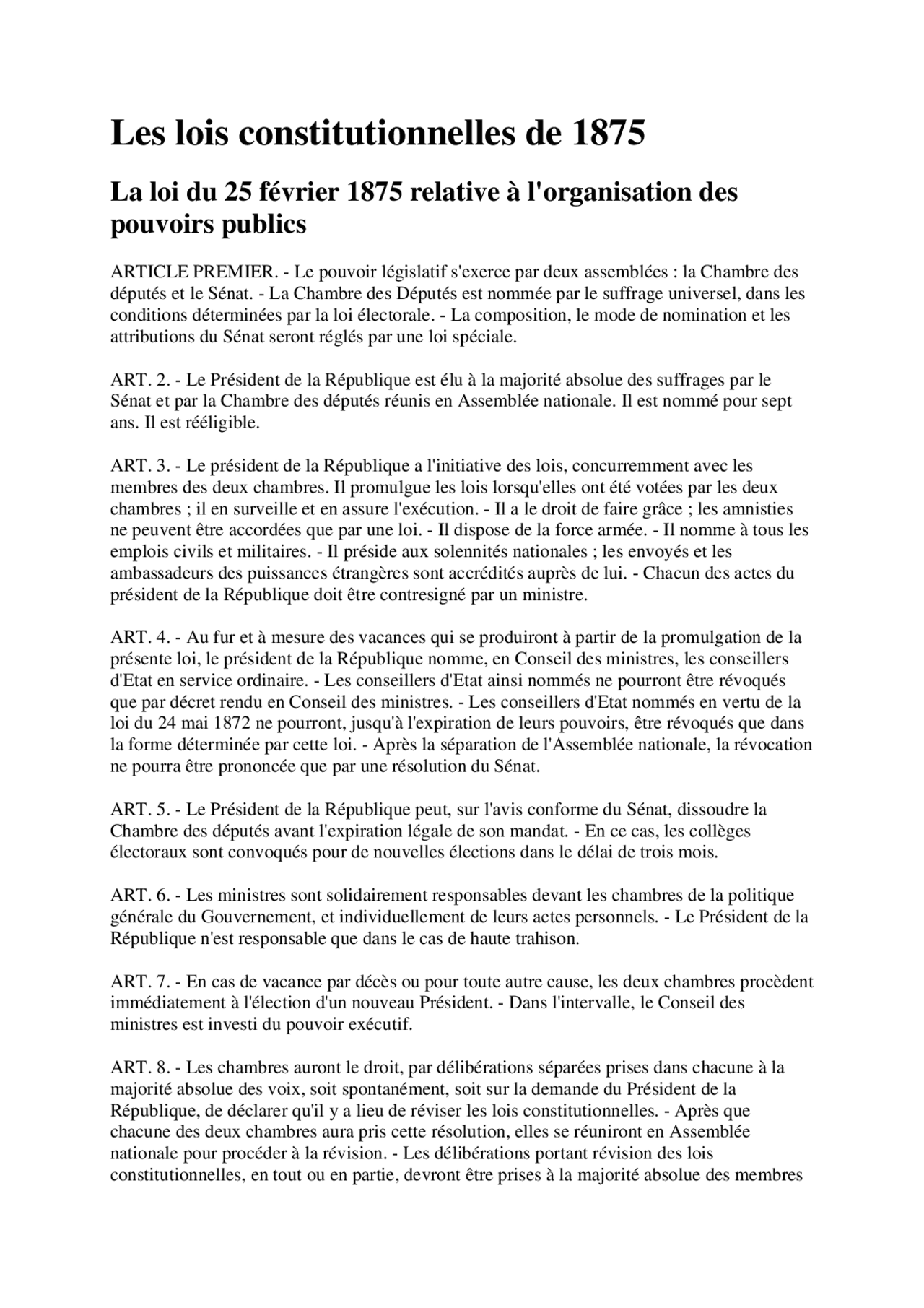 Les Lois Constitutionnelles De 1875 Unjf Docsity