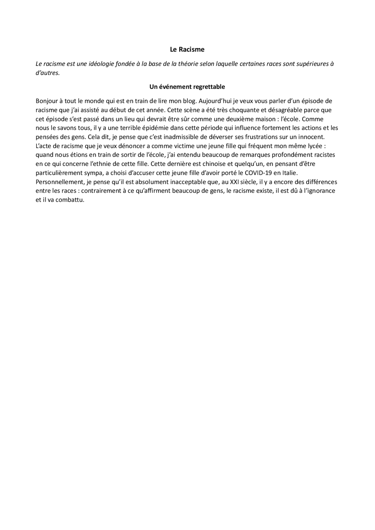Production Ècrite sur le Racisme - Docsity