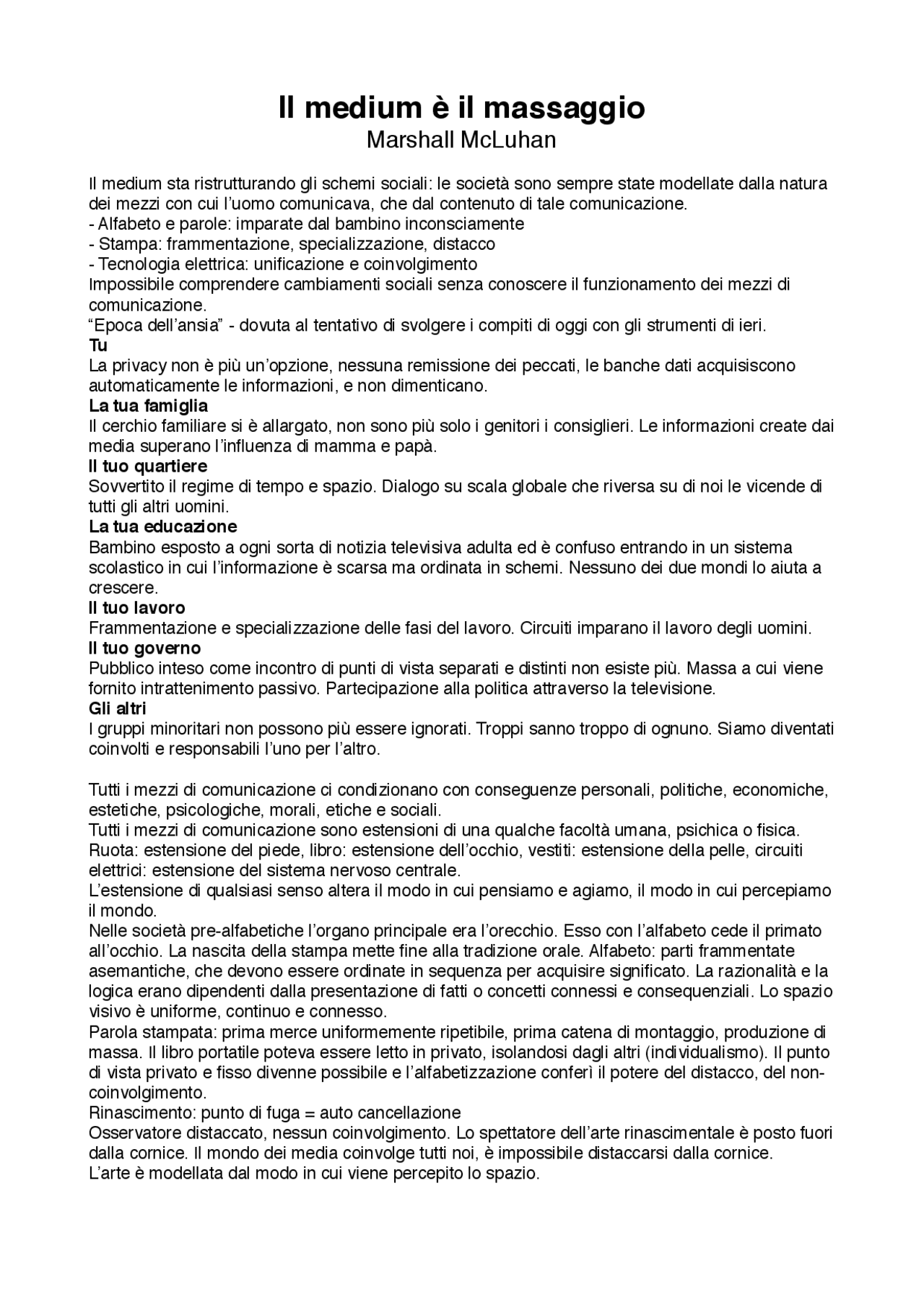Riassunto Il Medium è Il Massaggio Mcluhan Docsity