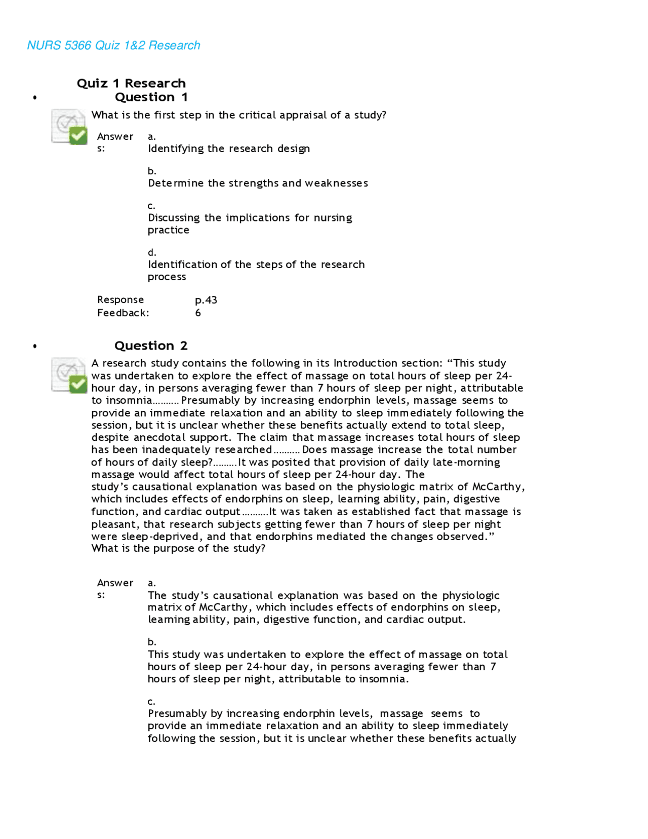 NURS 5366 Quiz 1&2 Research complete exam - Docsity