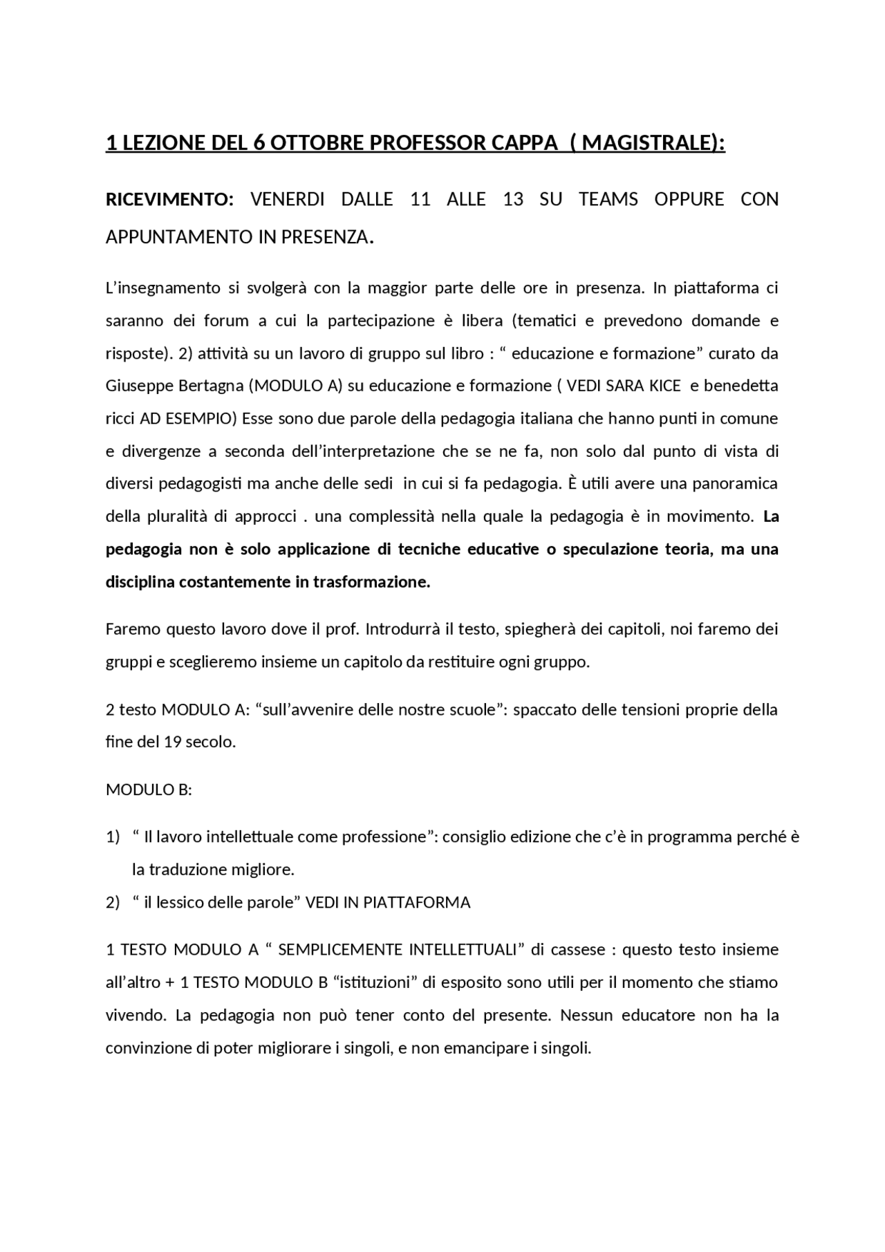 Lezione Cappa Scienze Pedagogiche Docsity