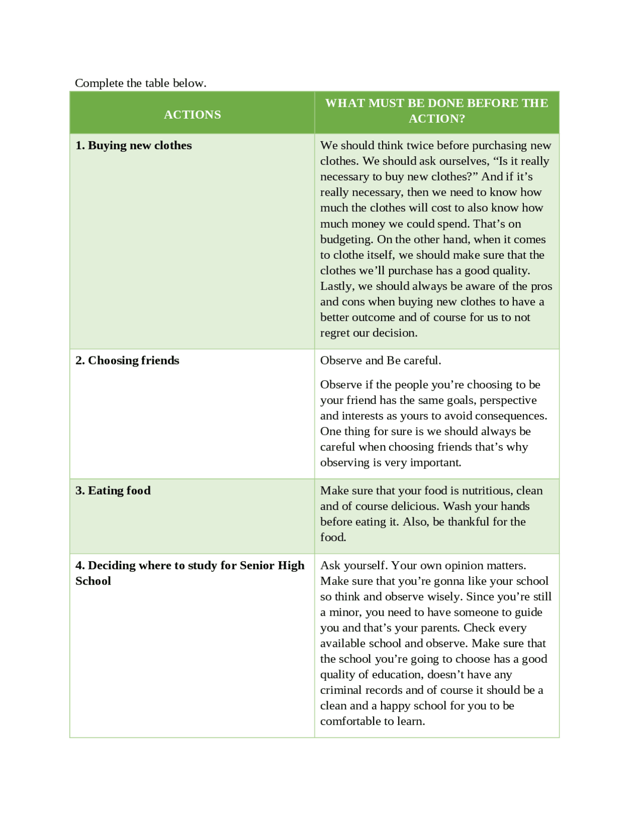 What must be done before the action. | Study notes Philosophy | Docsity