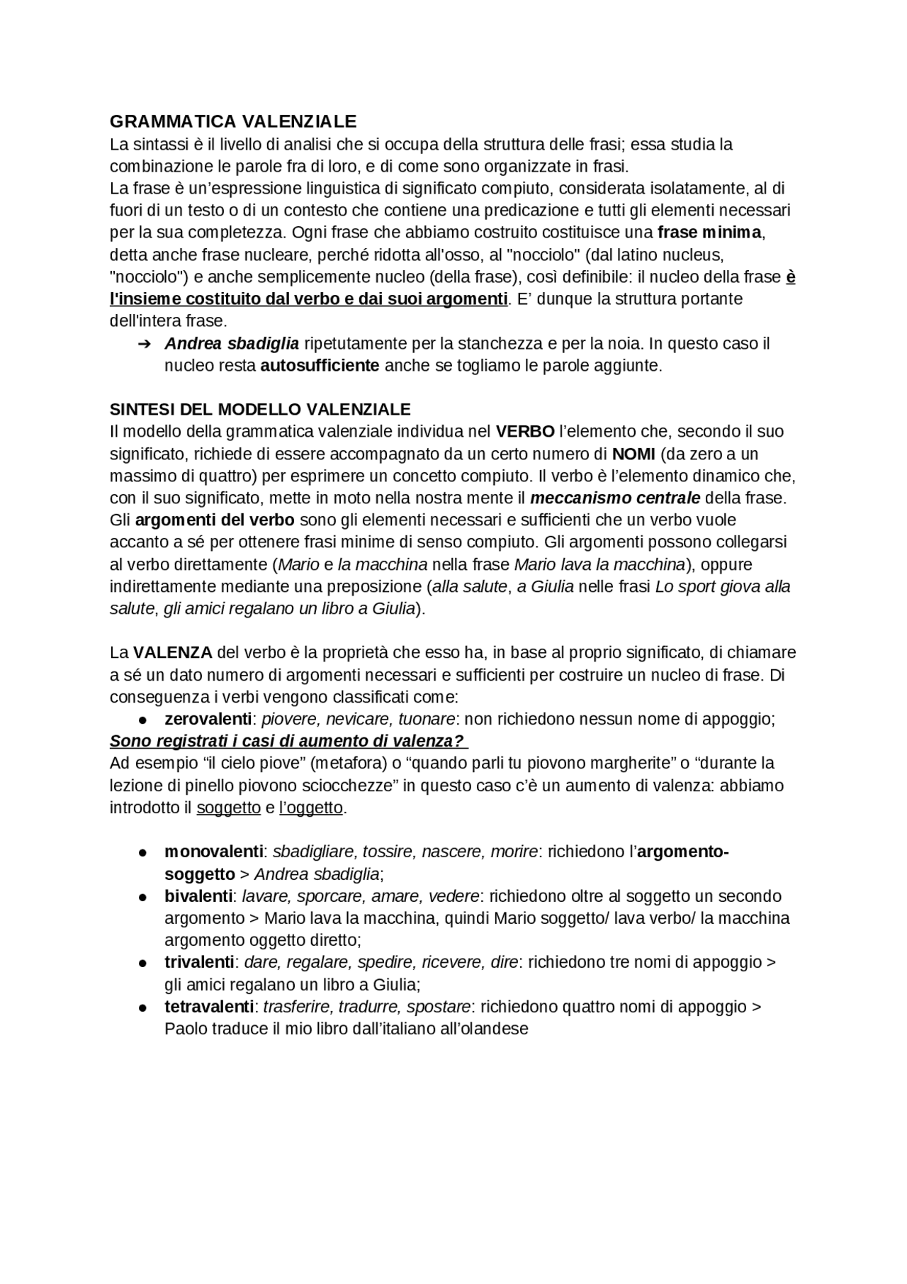 Sintassi E Grammatica Valenziale Sintesi Del Corso Di Linguistica
