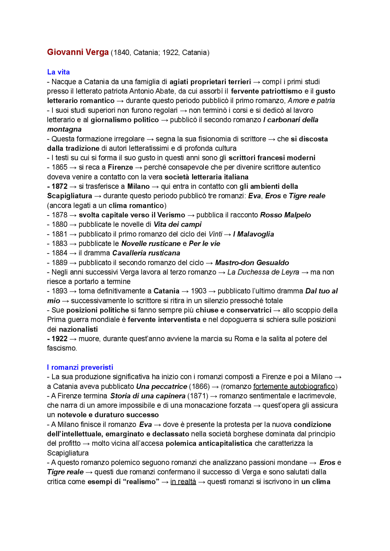 Giovanni Verga, vita e opere | Appunti di Italiano - Docsity