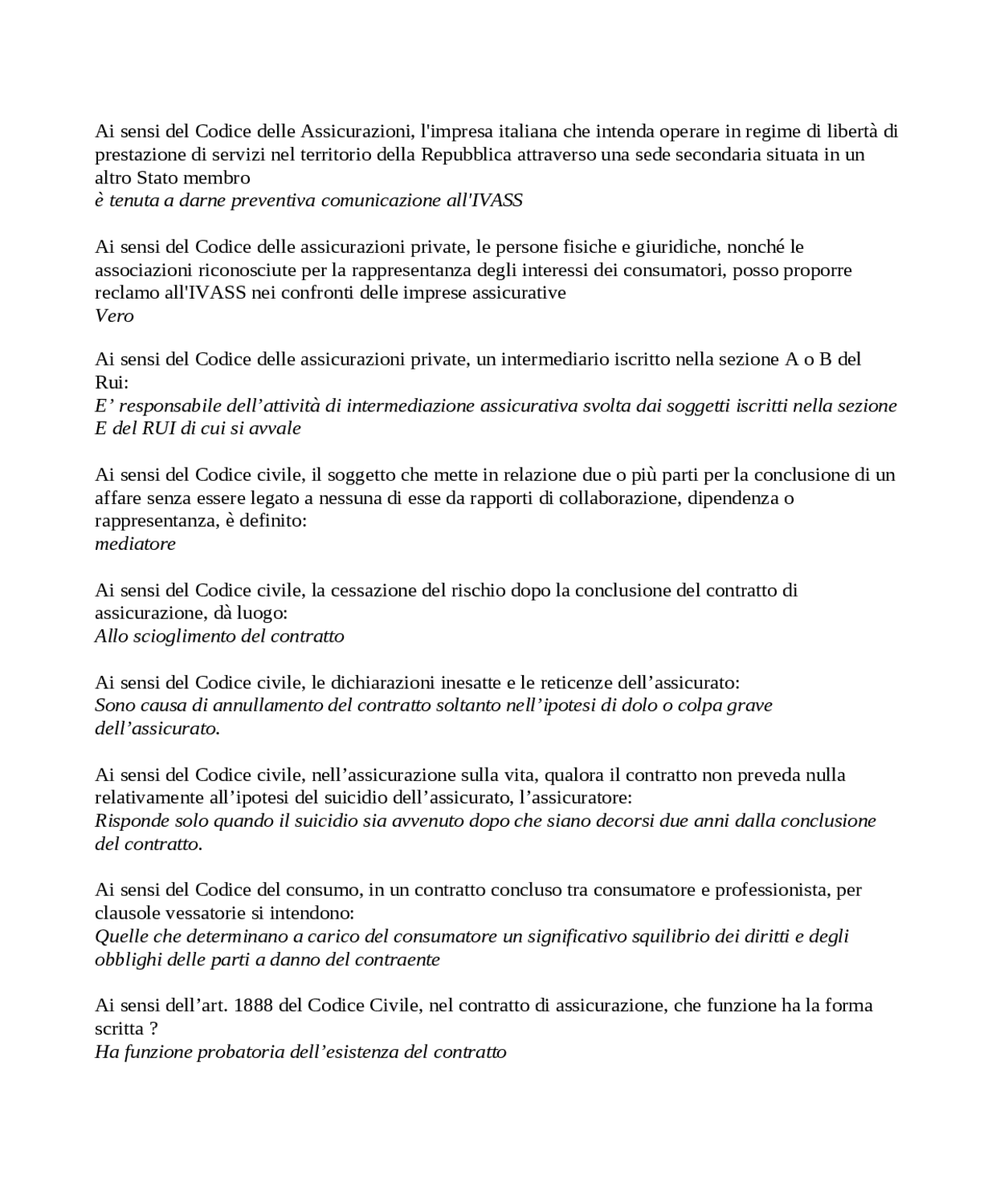 Test X Esame Diritto Delle Assicurazioni Ordinati Docsity