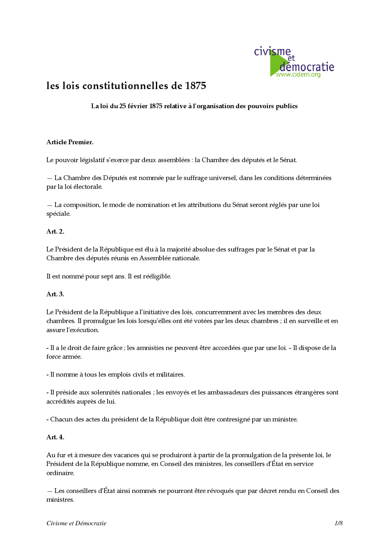 Les Lois Constitutionnelles De 1875 Docsity