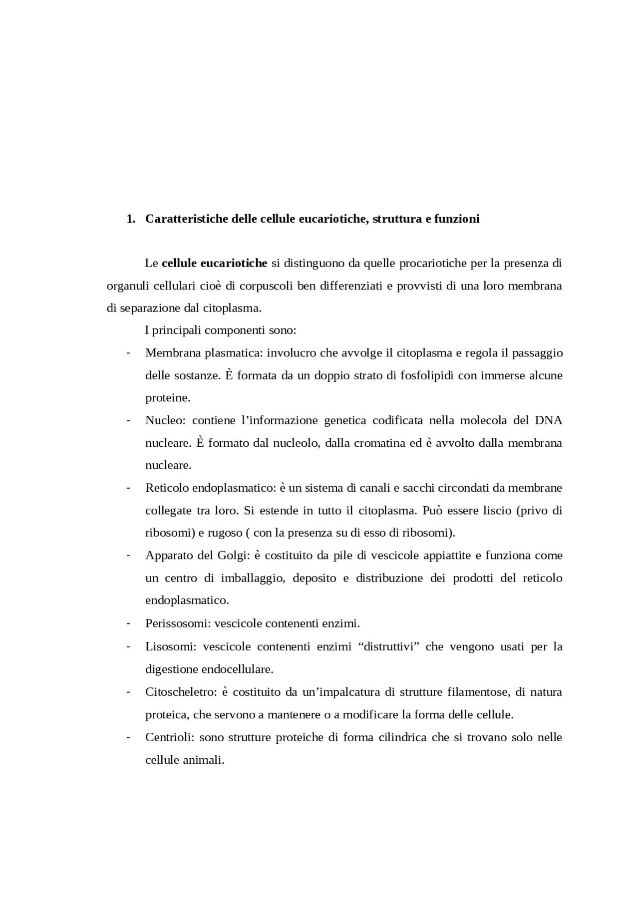 Caratteristiche Delle Cellule Eucariote Appunti Di Biologia Docsity
