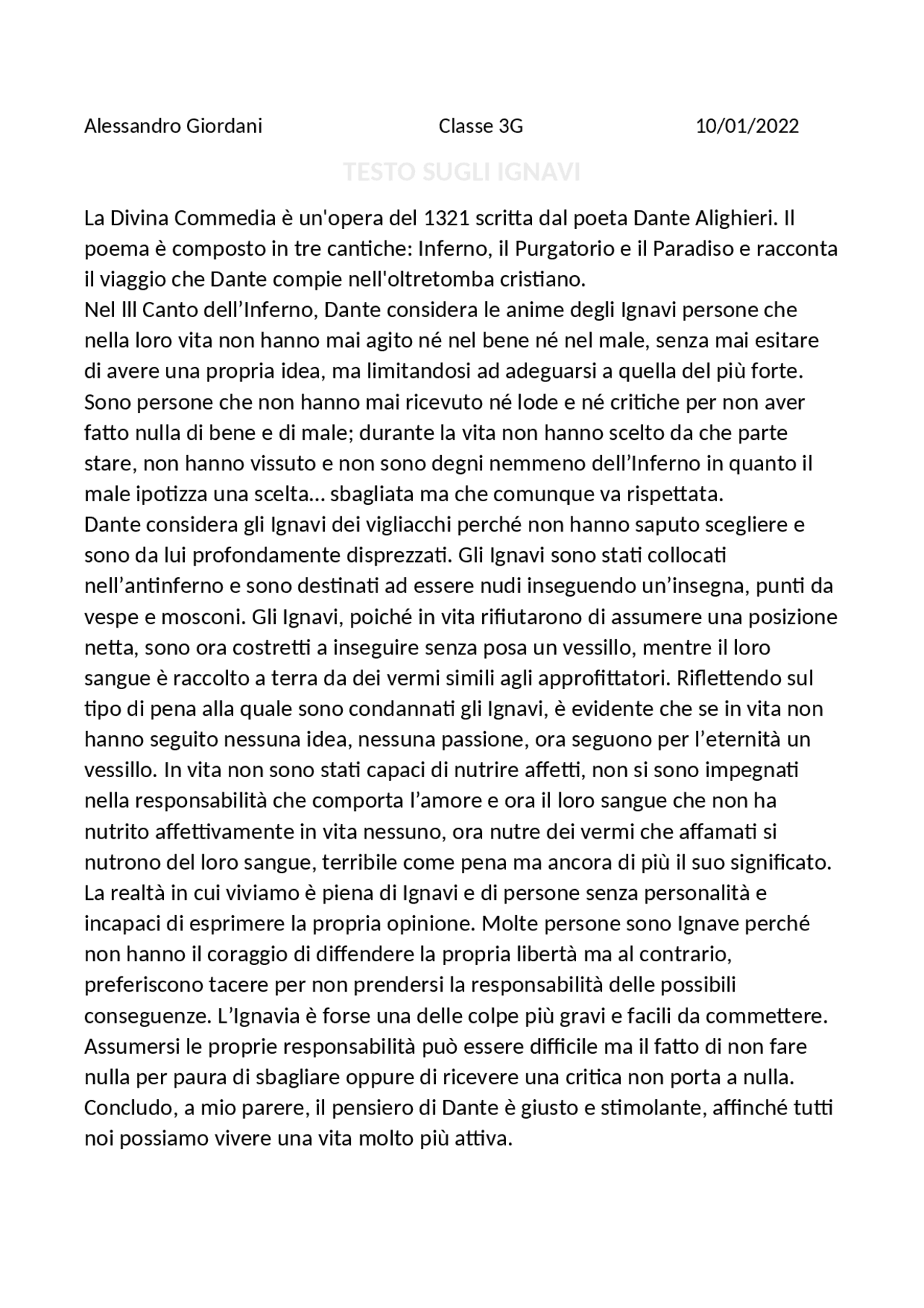Tema di Italiano sugli Ignavi, scuola superiore - Docsity