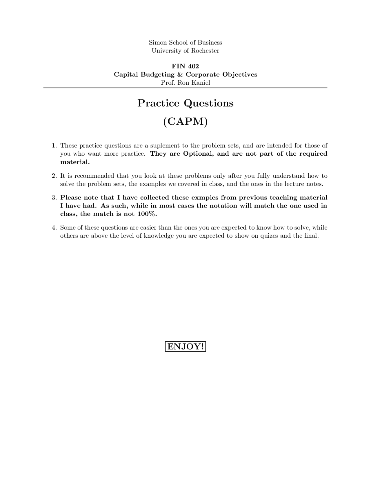 CAPM Practice Questions - Capital Budgeting & Corporate Objectives ...