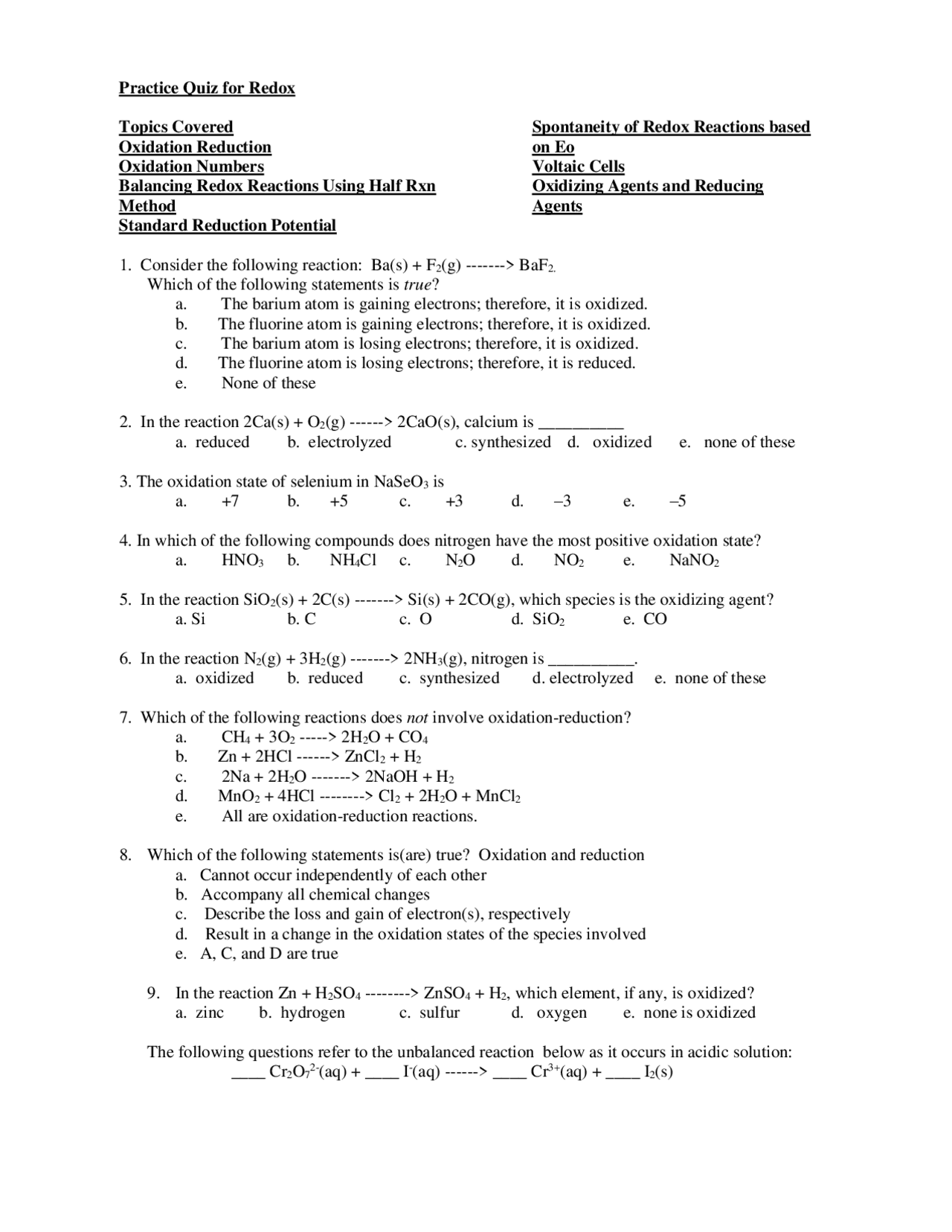 Redox Quiz Practice: Identifying Oxidation and Reduction Reactions ...
