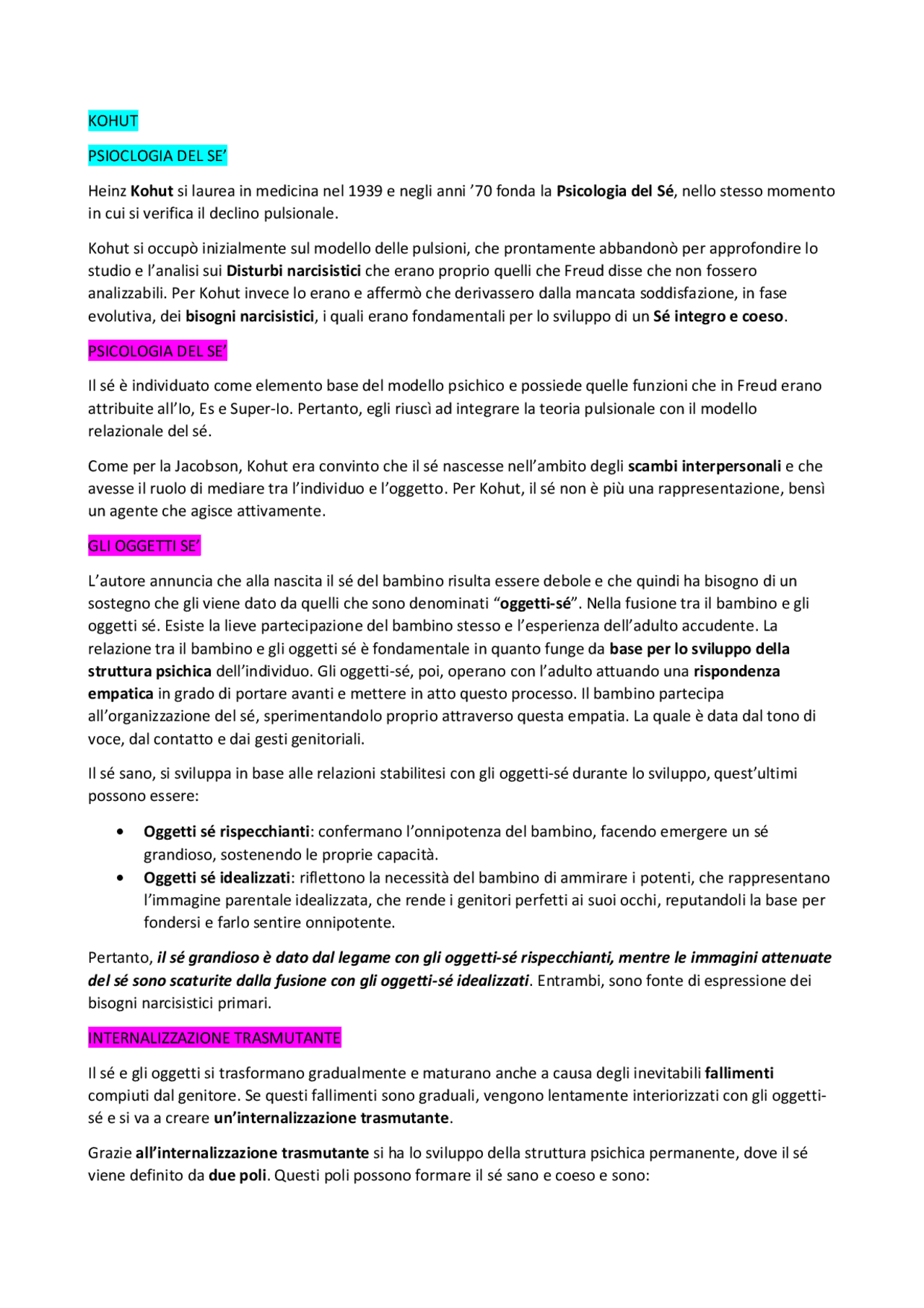 Kohut Schemi Di Psicologia Dinamica Docsity