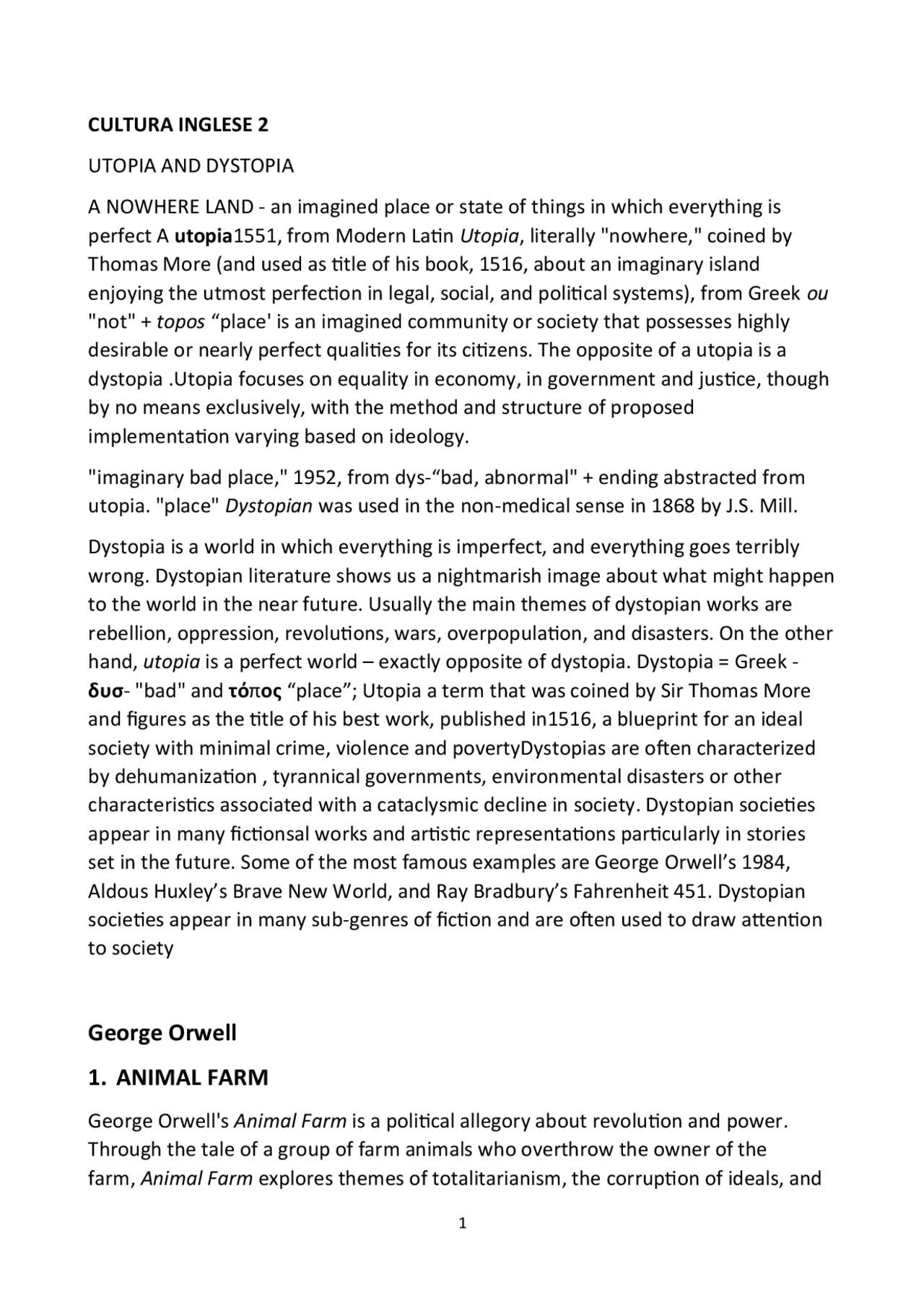 George Orwell, Utopia vs dystopia - Docsity