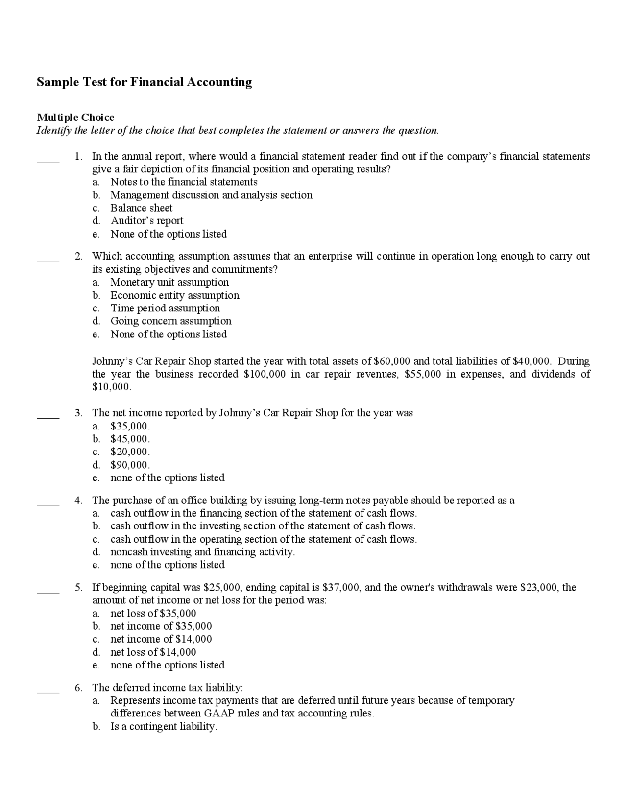 Sample Test for Financial Accounting -Multiple Choice - Docsity