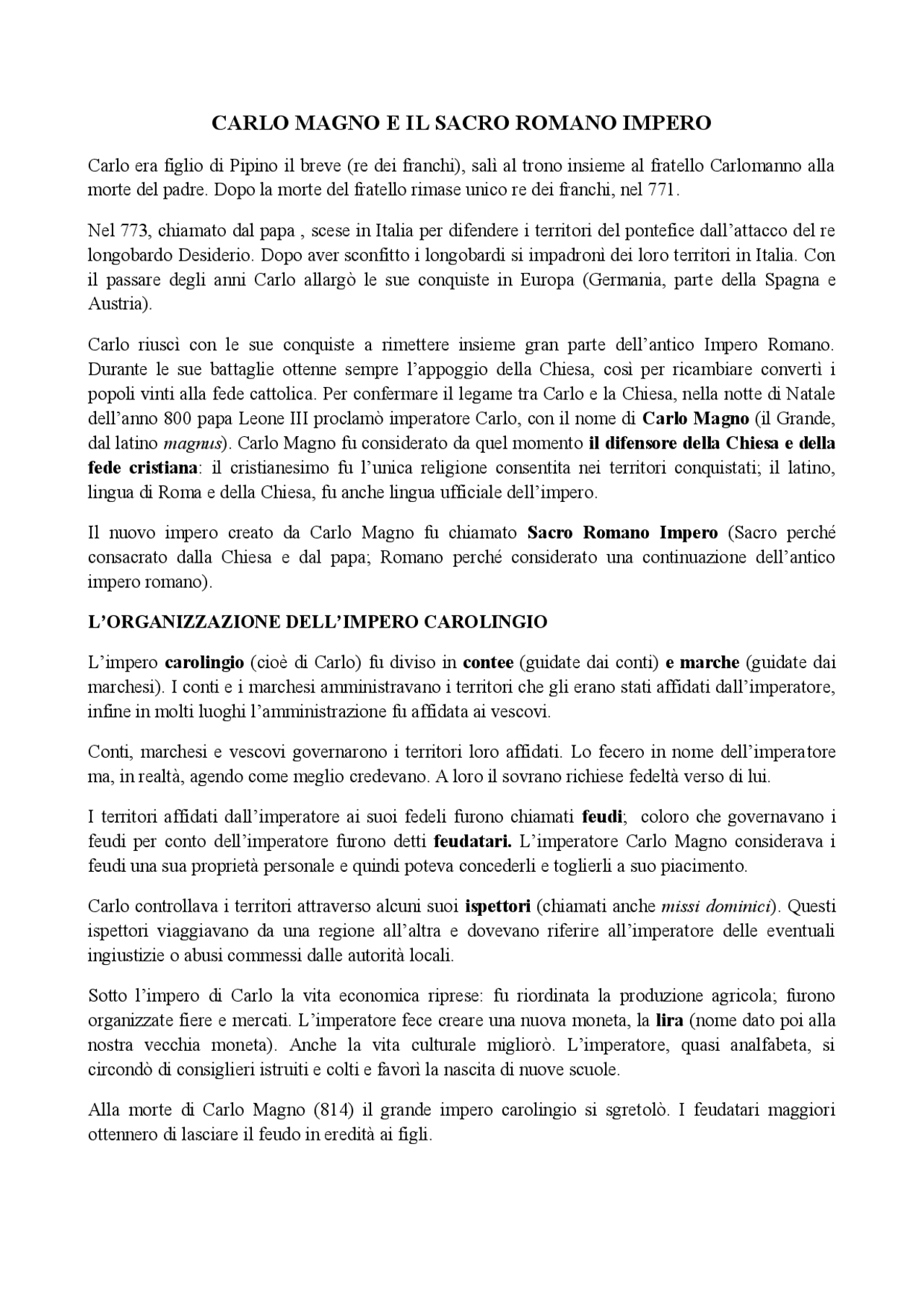 Carlo Magno Sintesi Storia Docsity