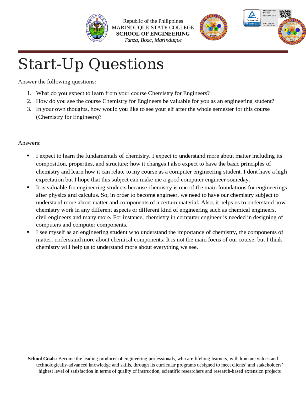Start up questions in chemistry - Docsity