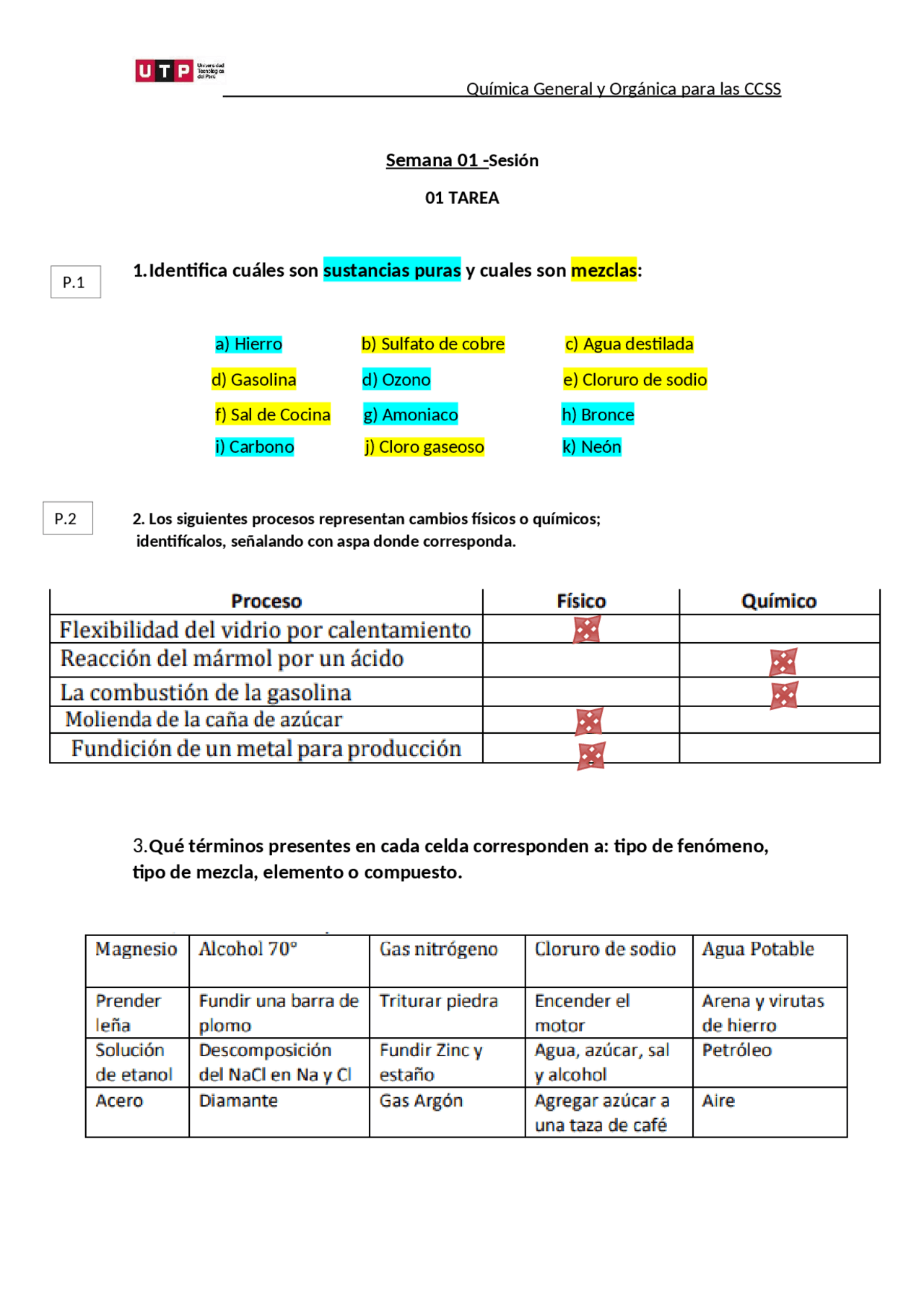 Tarea resuelta de Quimica, primer ciclo | Ejercicios de Química | Docsity