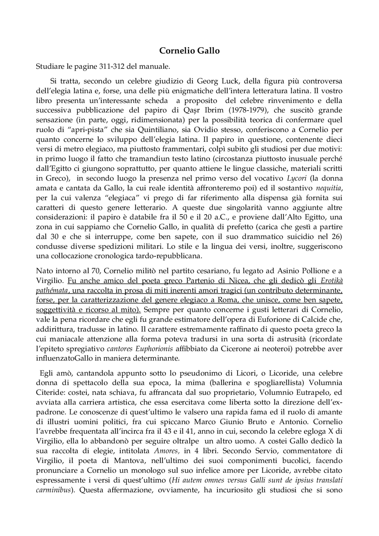 Elegia di Cornelio Gallo - Docsity