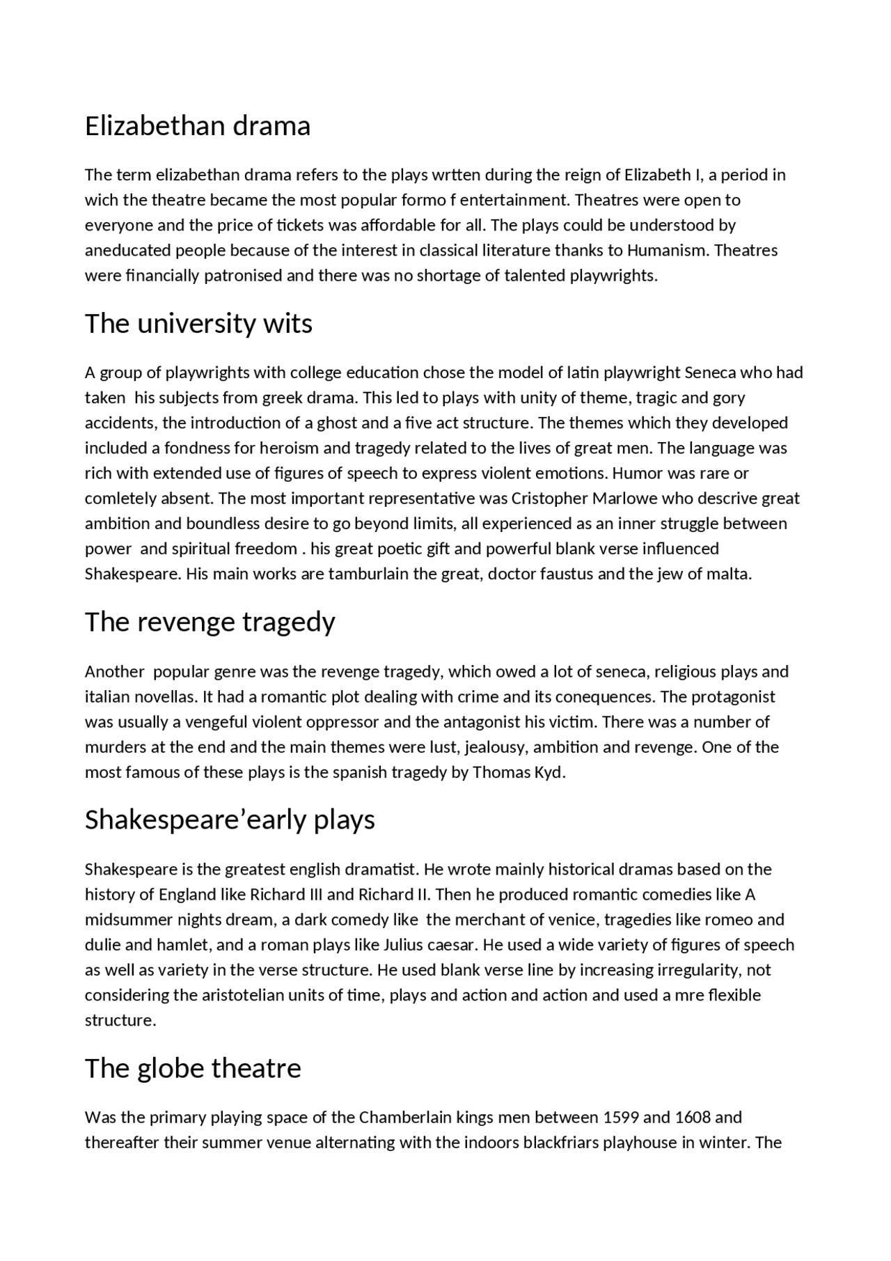 Elizabethan drama, the Revenge tragedy, the University wits ...